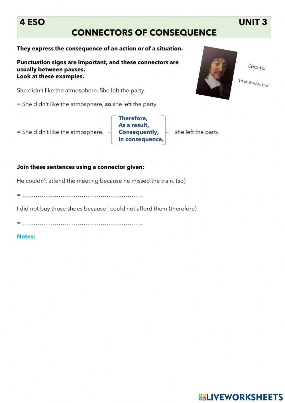 Connectors of consequence worksheet | Live Worksheets