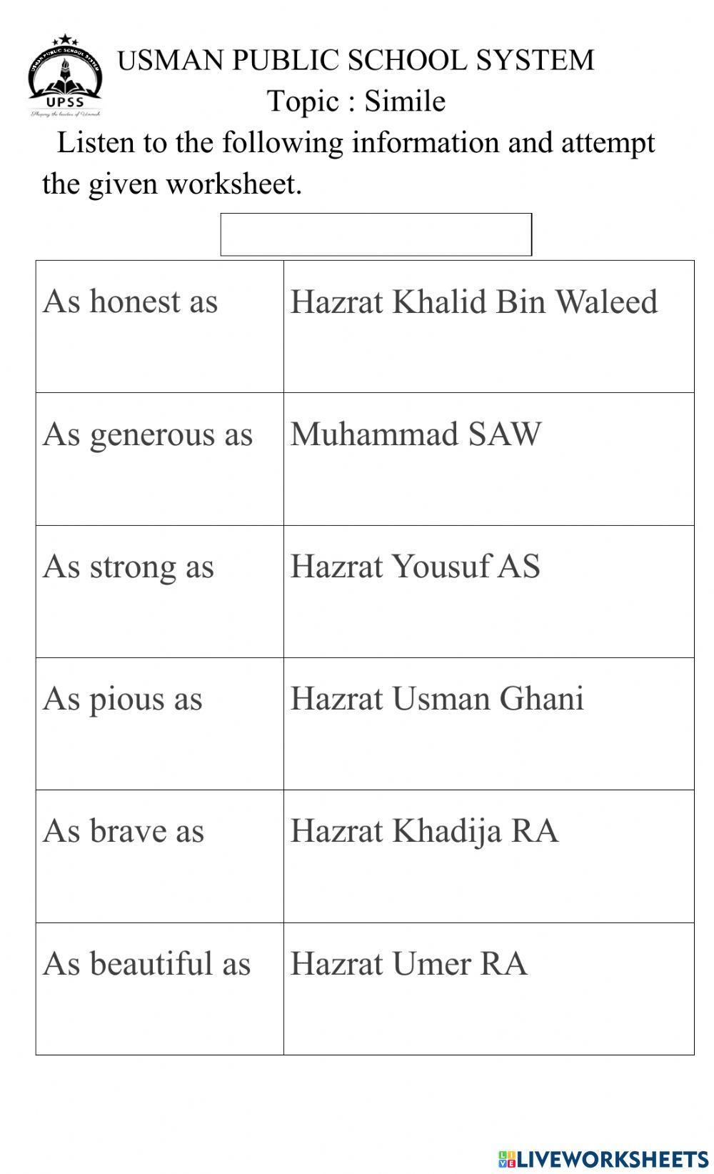 Simile exercise | Live Worksheets