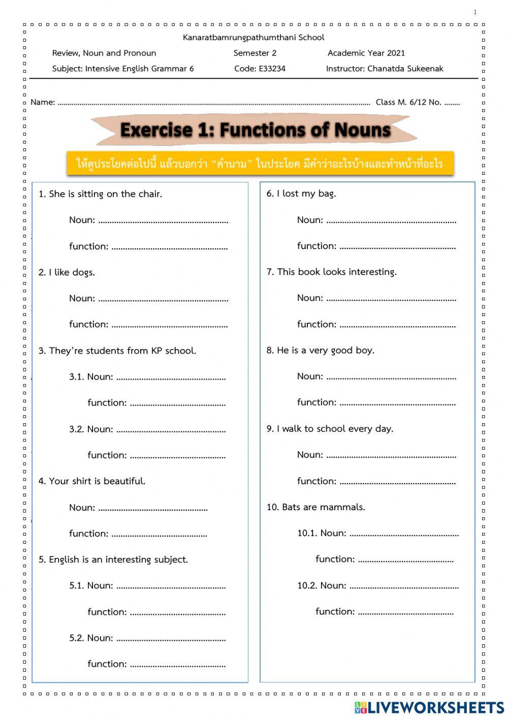 1599709 Exercise 1 2 Functions Of Nouns And Pronouns 1599709-exercise-1-2-functions-of-nouns-and-pronouns