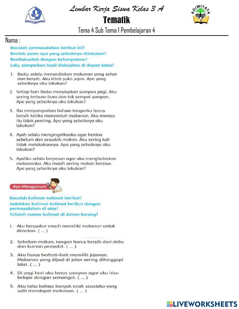 Tema 4 sub tema 1 p4 worksheet | Live Worksheets