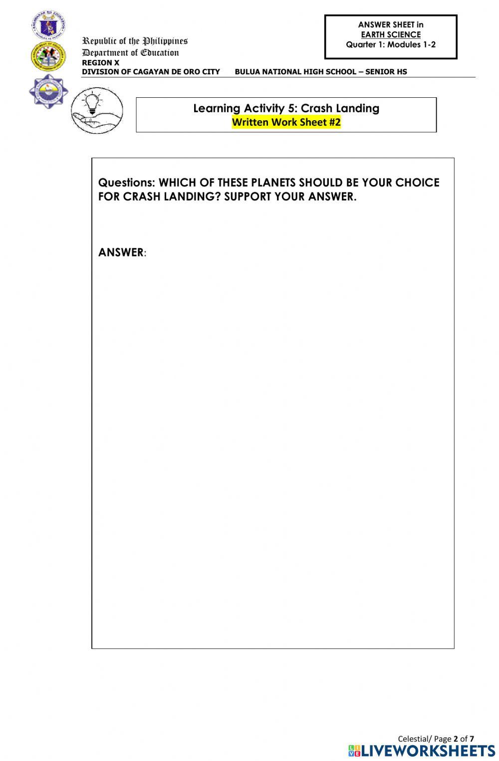 ES Answer Sheets for Q1 interactive worksheet | Live Worksheets