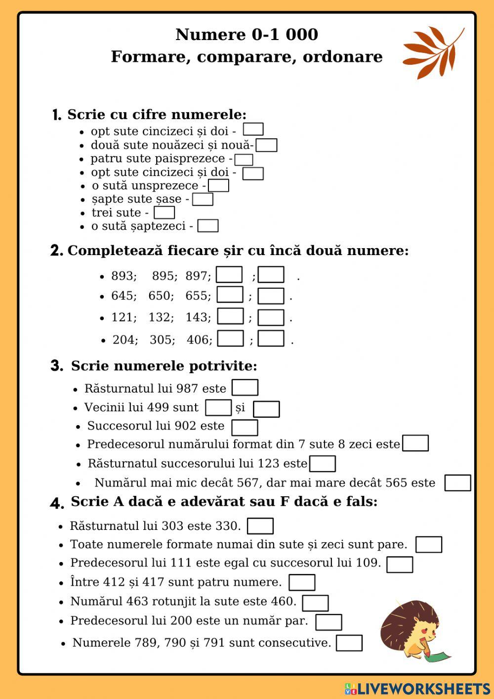 1600289 | Numere 0-1000. Formare, comparare, ordonare