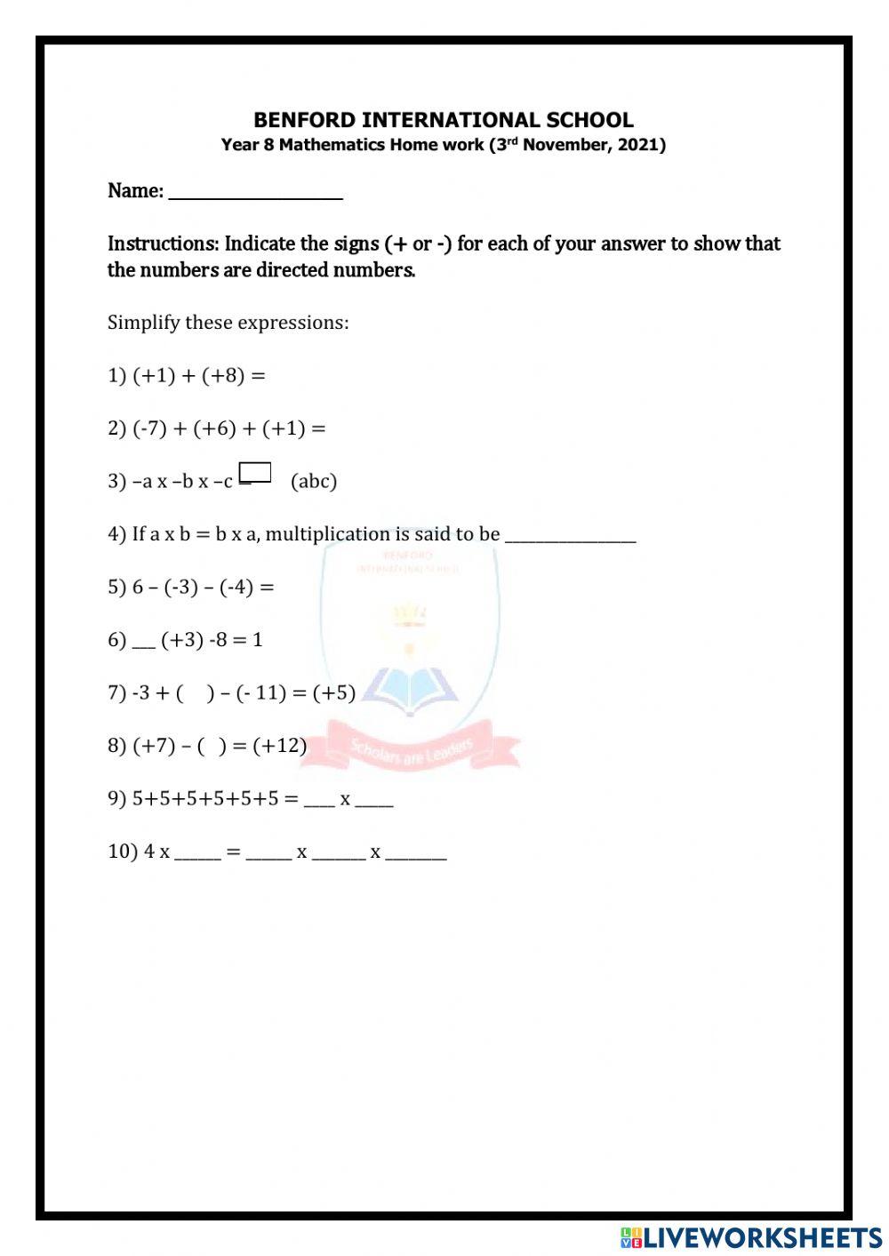 Directed Number Worksheet | Live Worksheets