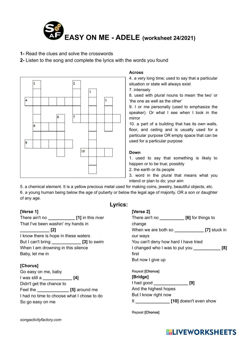 Easy On Me - Adele Worksheet (songactivityfactory.com) online exercise ...