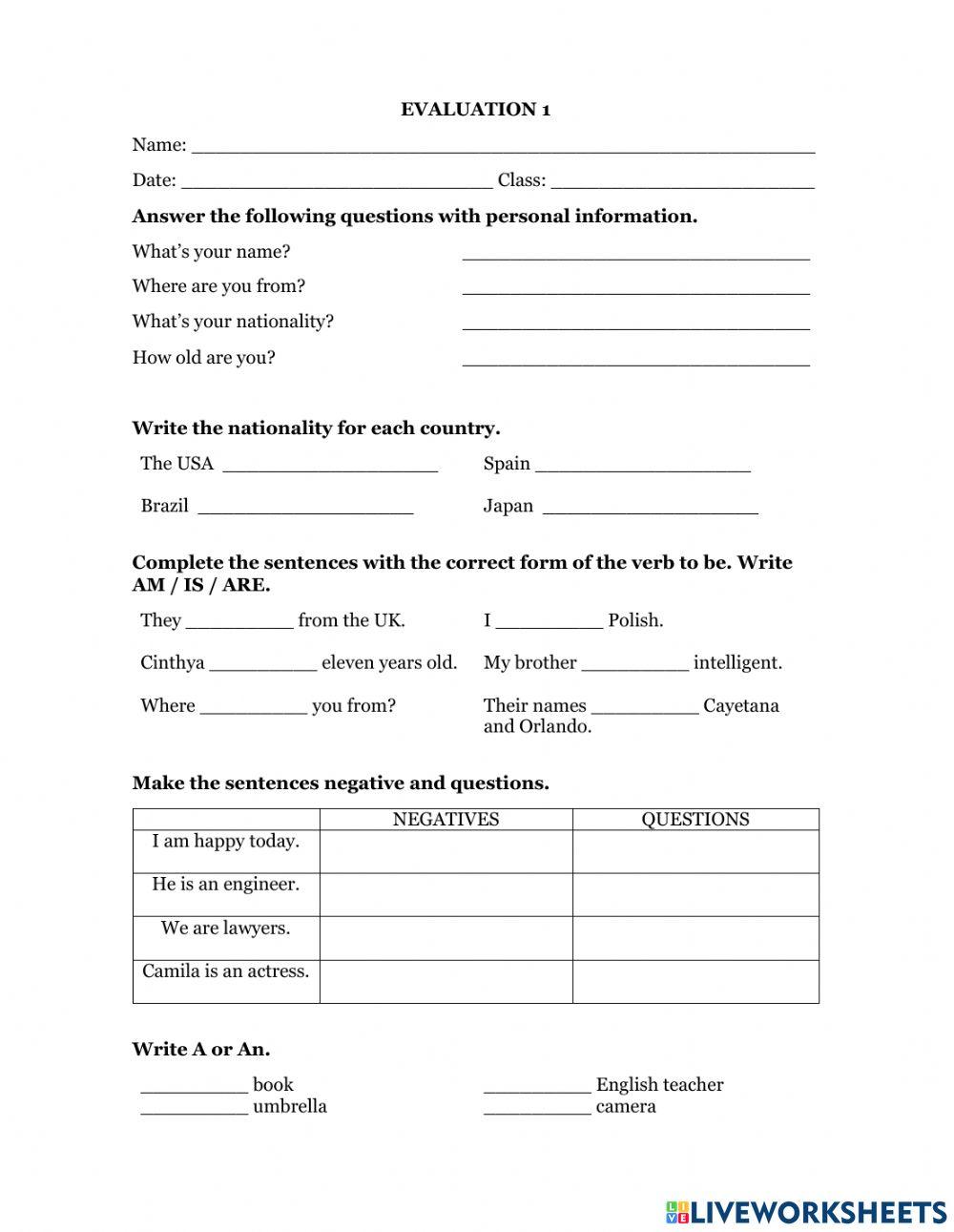 Evaluation 1 online activity | Live Worksheets