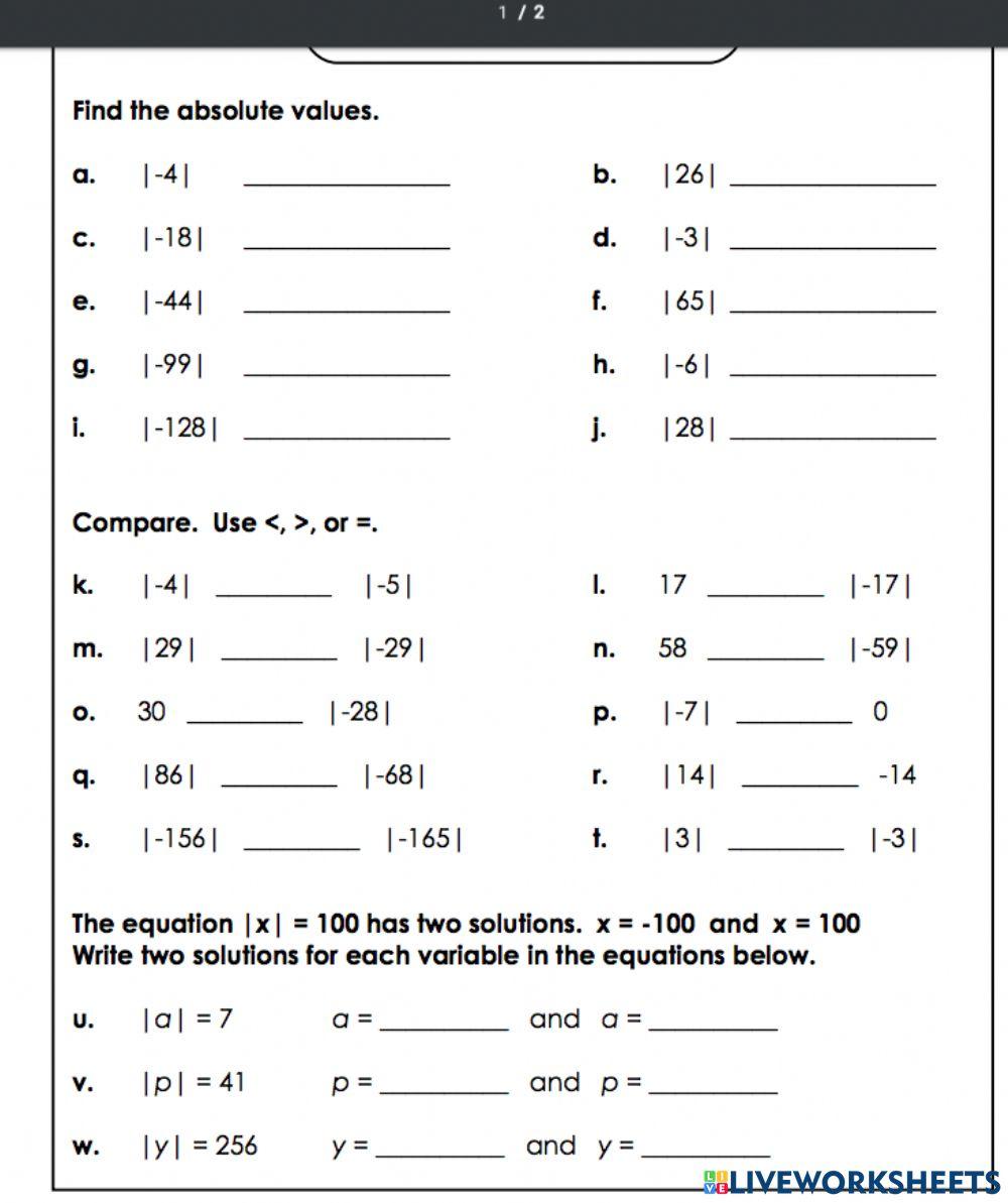 absolute Value online exercise for | Live Worksheets absolute Value online exercise for | Live Worksheets