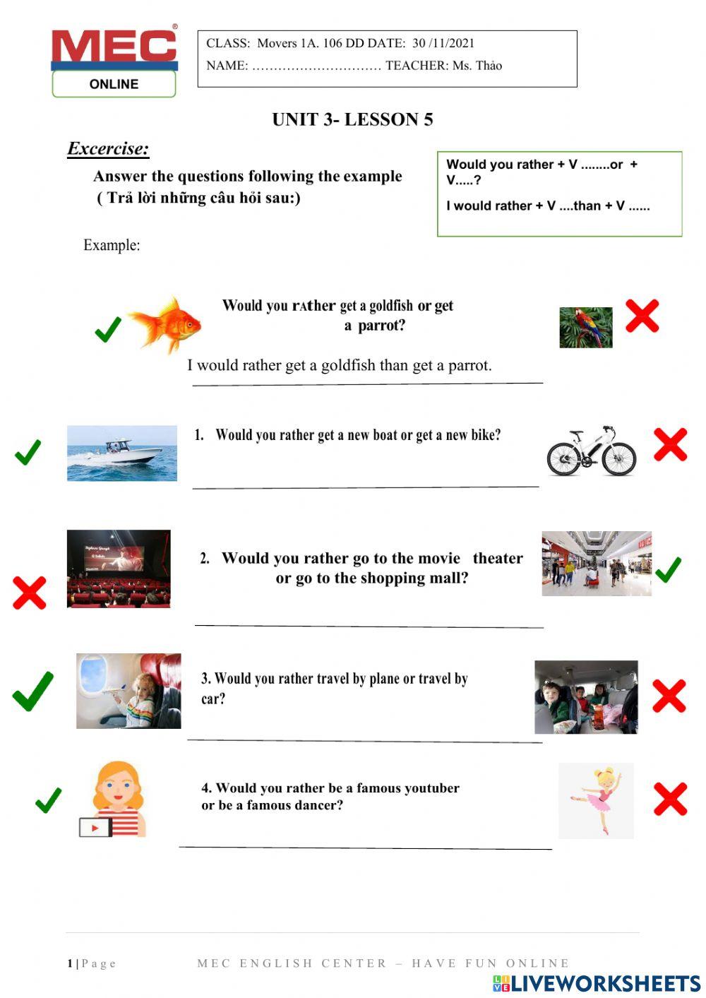 Movers 1A- Unit 3- Lesson 5 worksheet | Live Worksheets