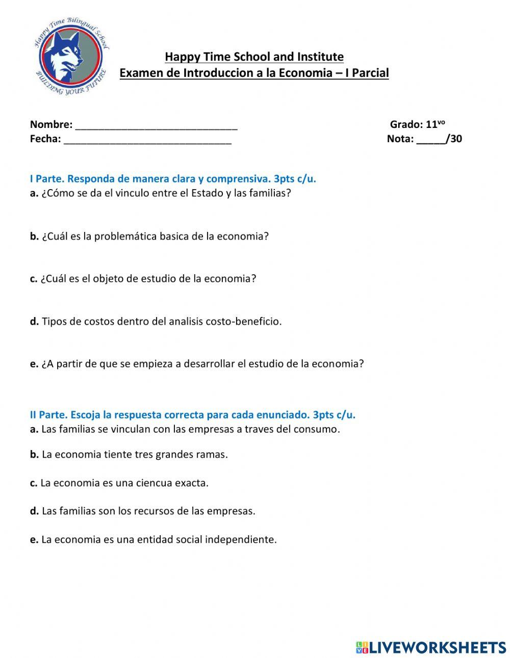 Examen de Economía 11vo online exercise for | Live Worksheets