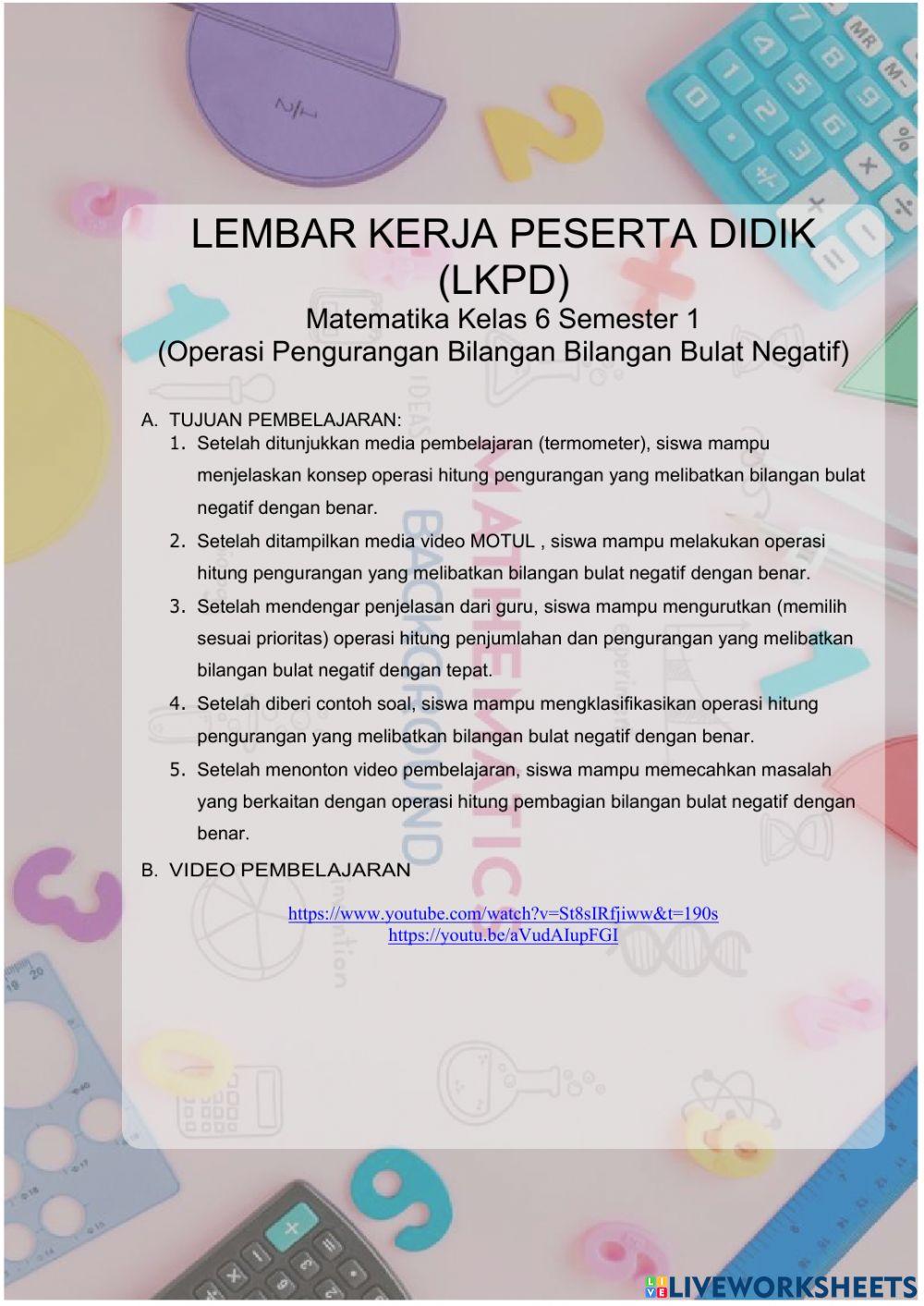 LKPD Matematika Bilangan Bulat Negatif, Kls. 6 | DEWI