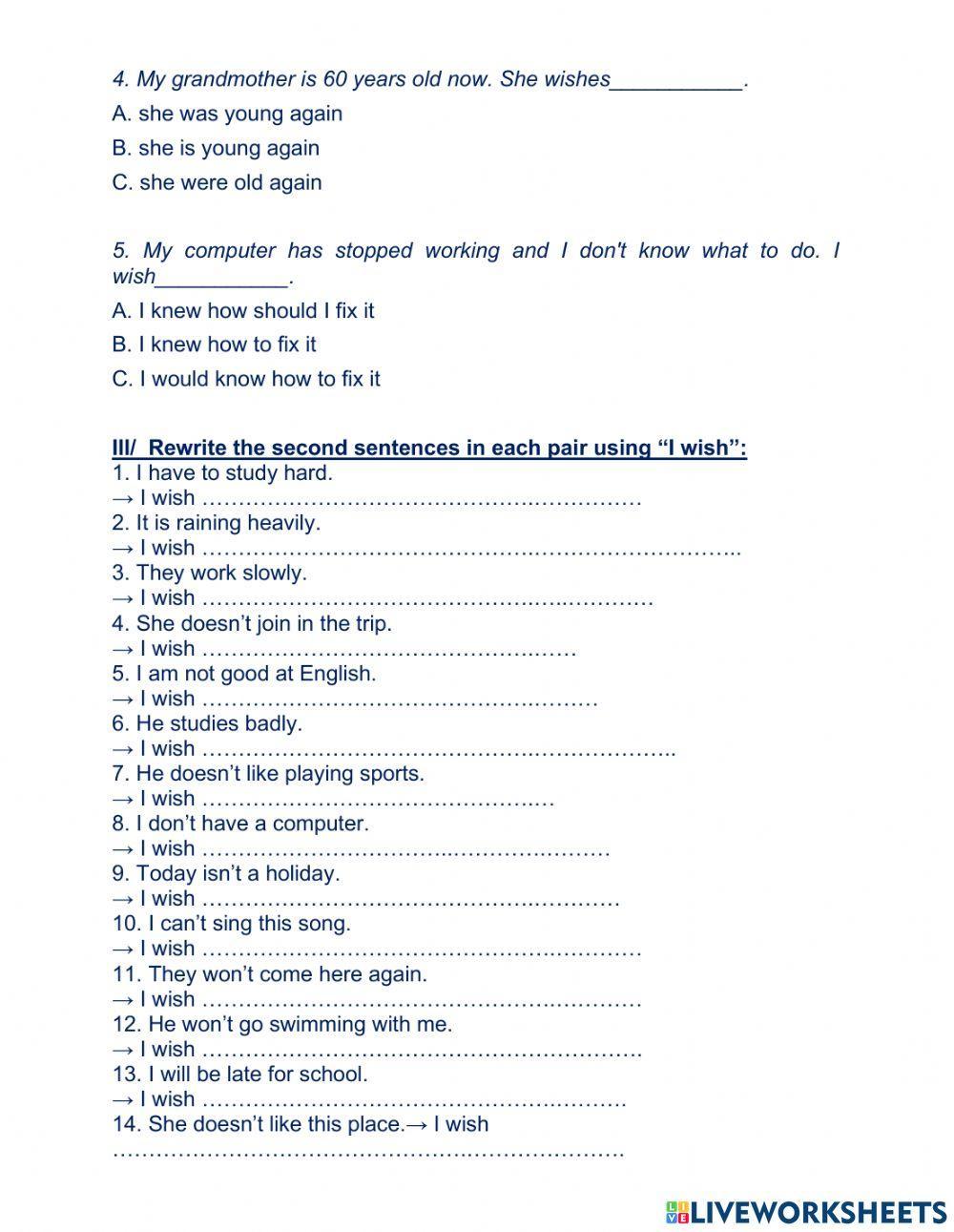 Wish sentence interactive worksheet | Live Worksheets
