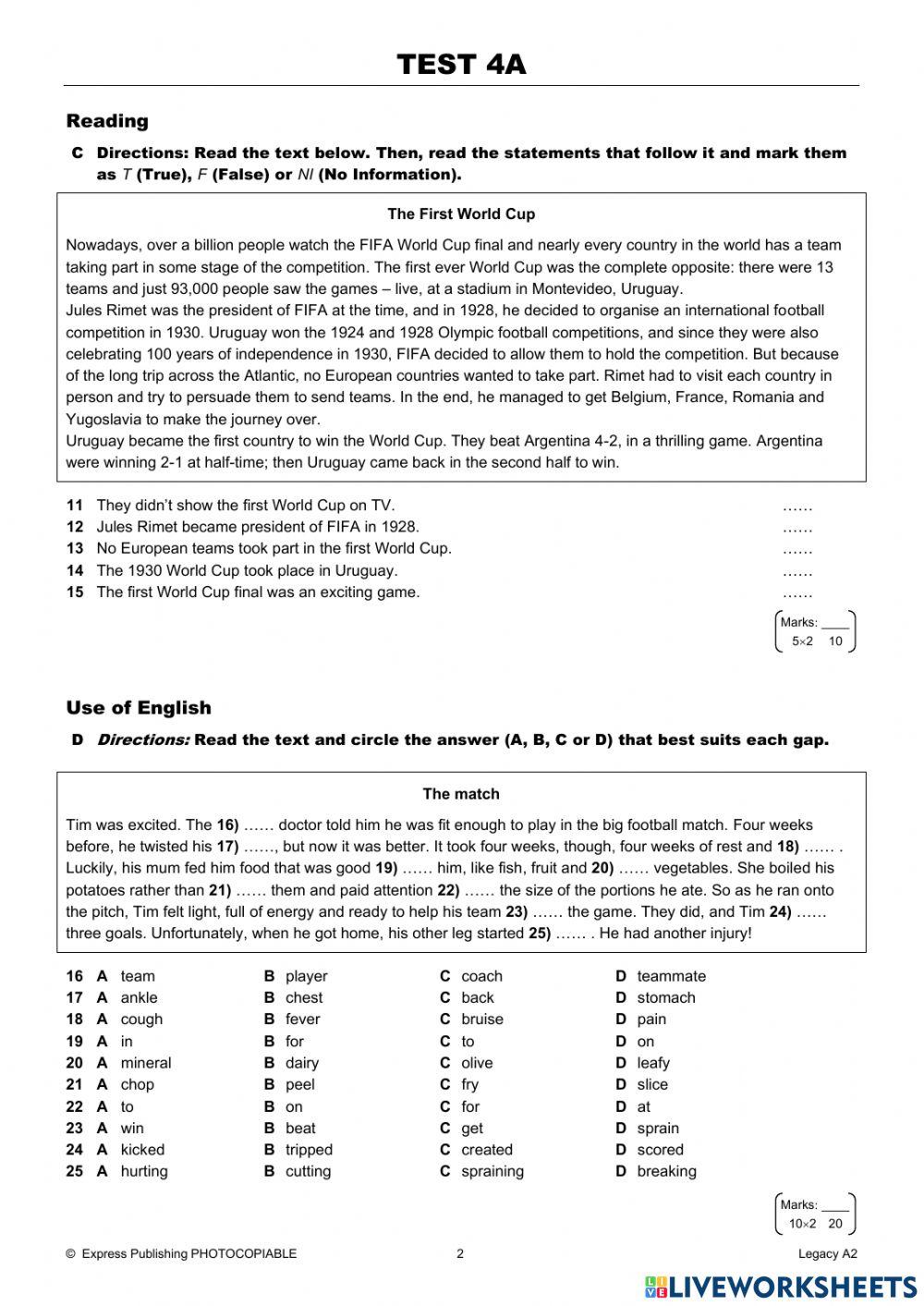 Test 4 Level A2 online exercise for | Live Worksheets