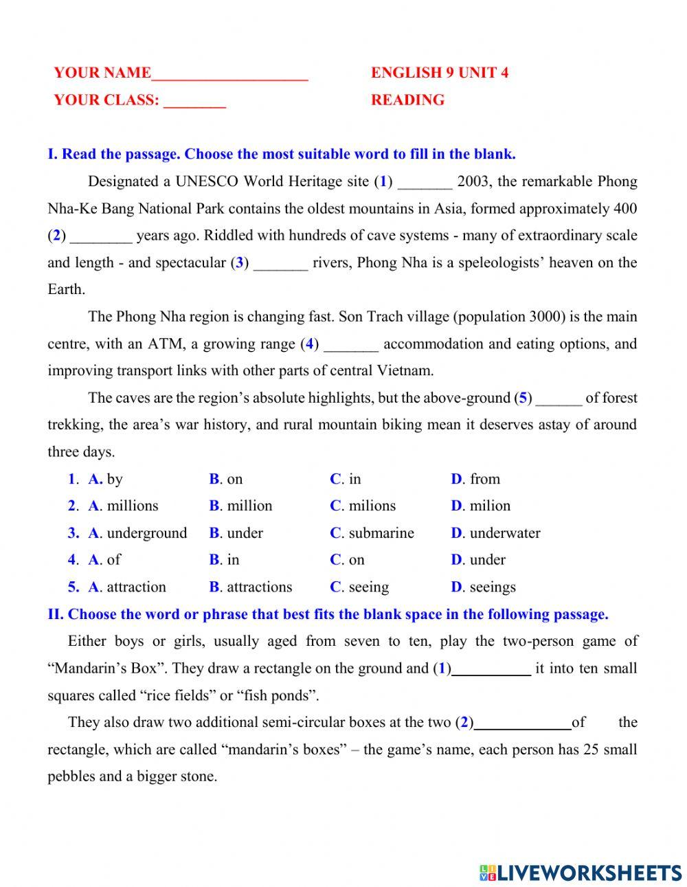 English 9 unit 4 reading worksheet | Live Worksheets