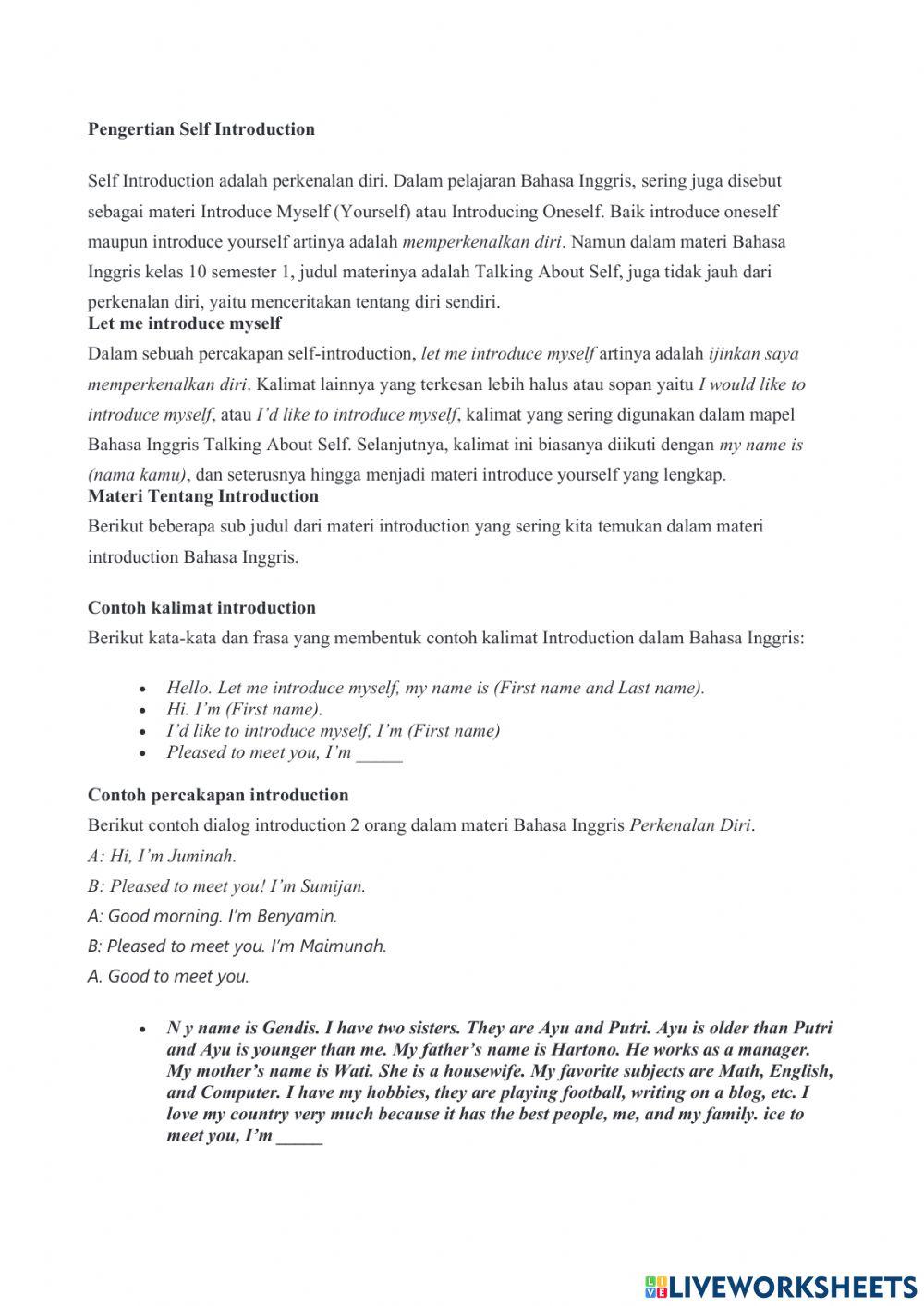 Introduction interactive worksheet for 10SMK | Live Worksheets