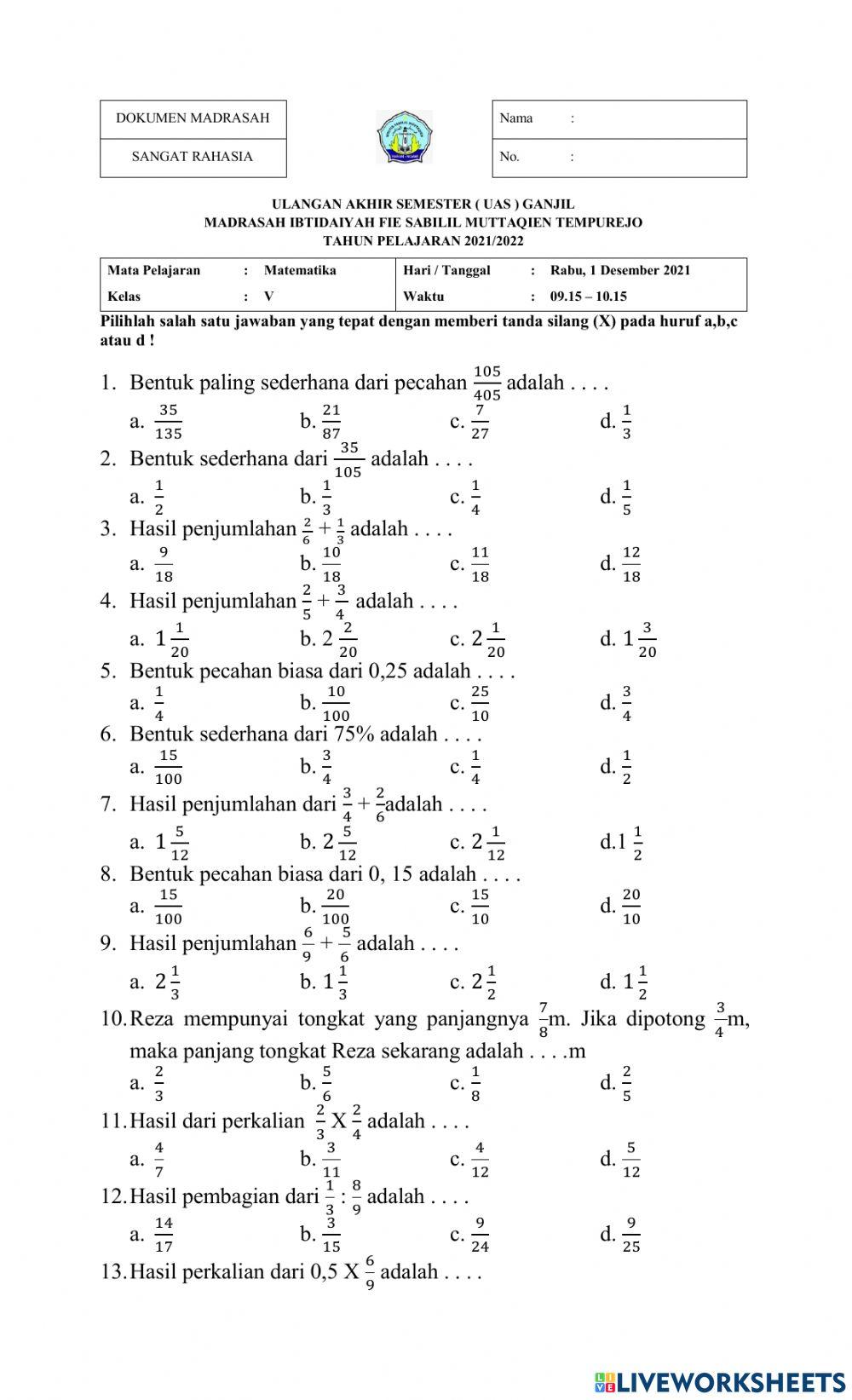 Mtk 5 worksheet | Live Worksheets