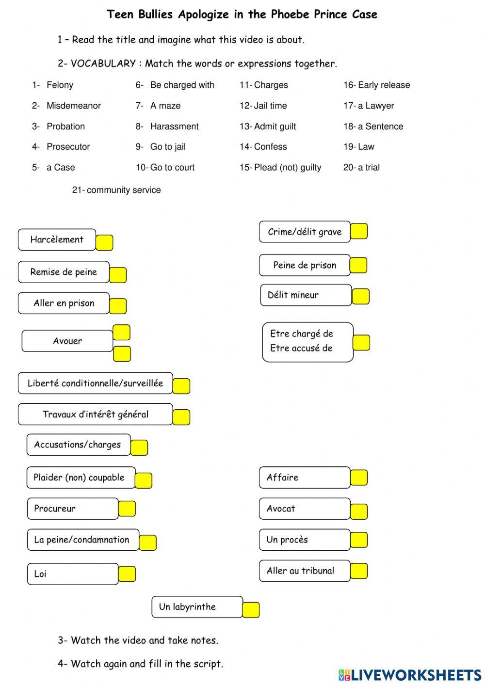 Vocabulary - Teens apologize in the Phoebe prince case worksheet | Live ...