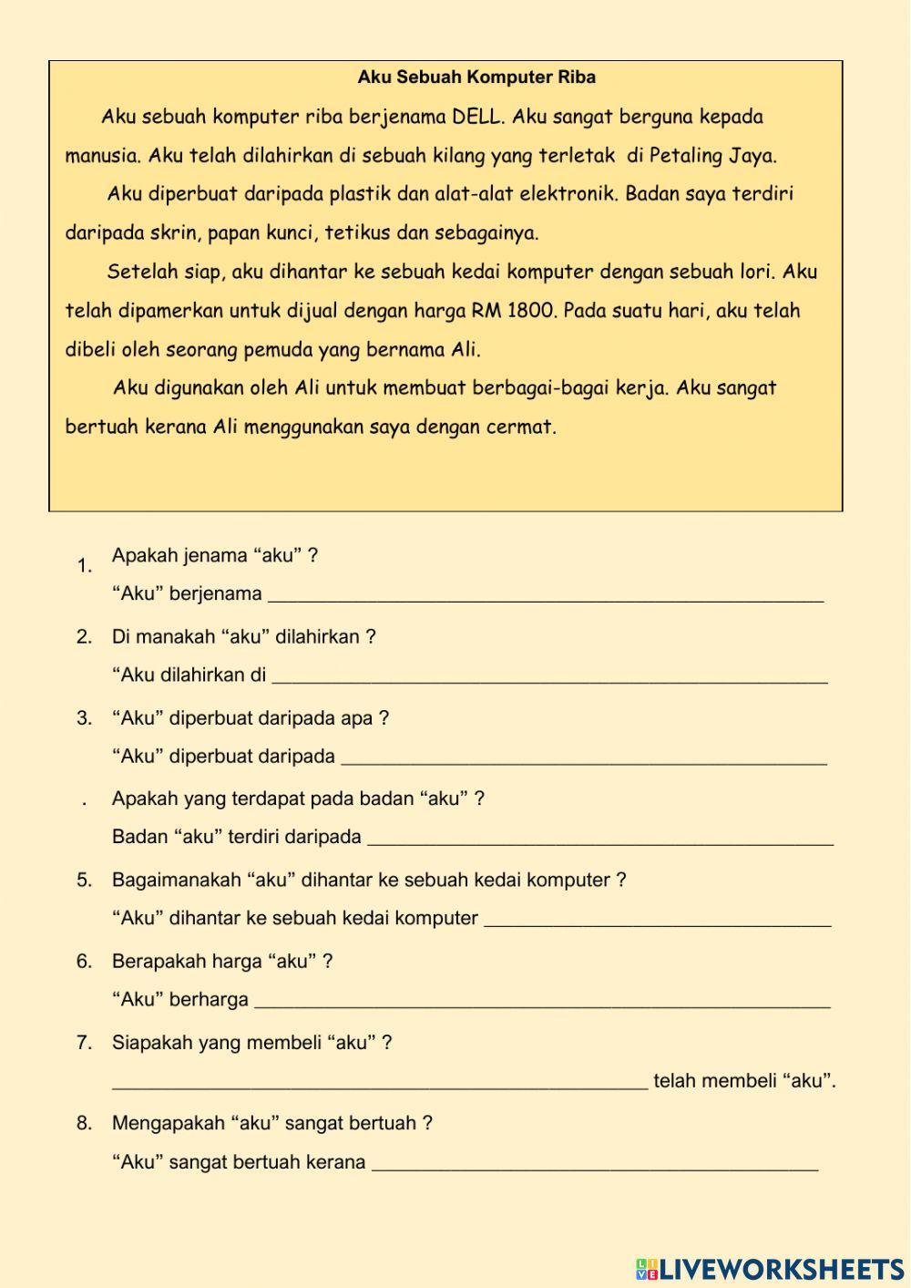 Aku Sebuah Komputer Riba | LiveWorksheets | 1691862