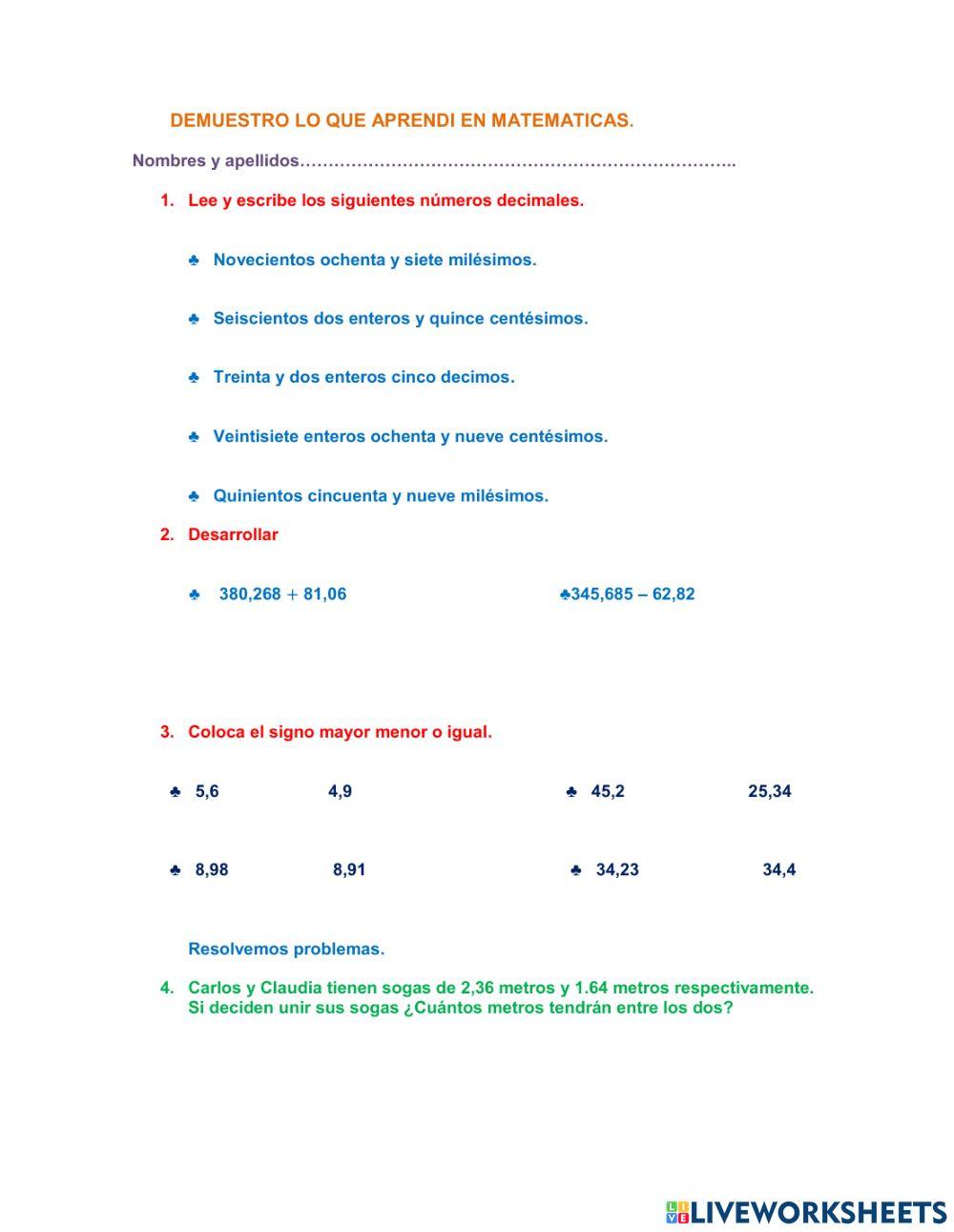 Matematica online exercise for 5 primaria | Live Worksheets