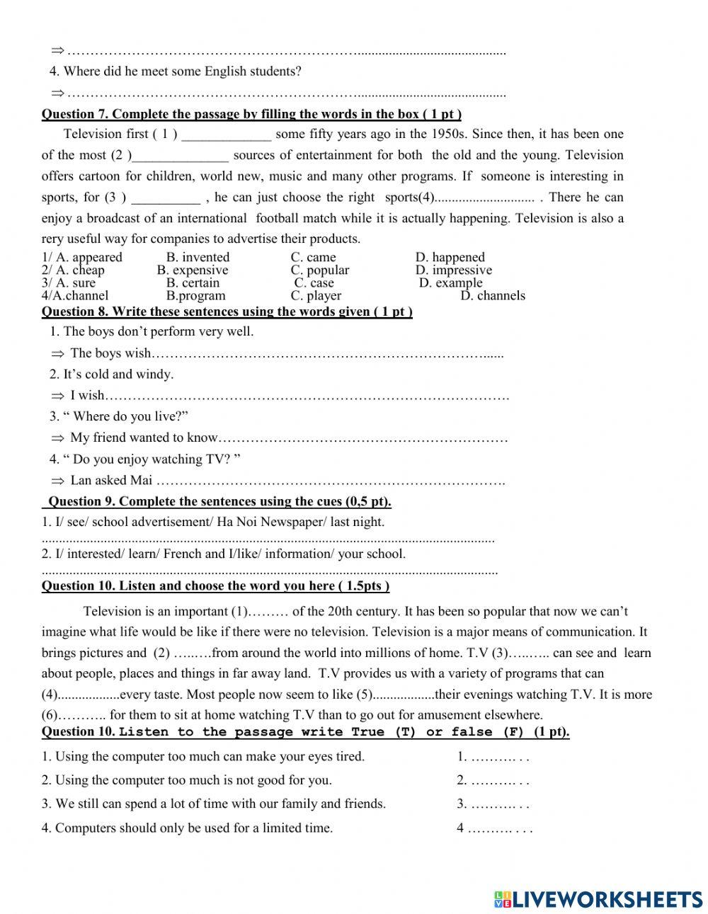 Test 2 Grade 9 1st semester worksheet | Live Worksheets