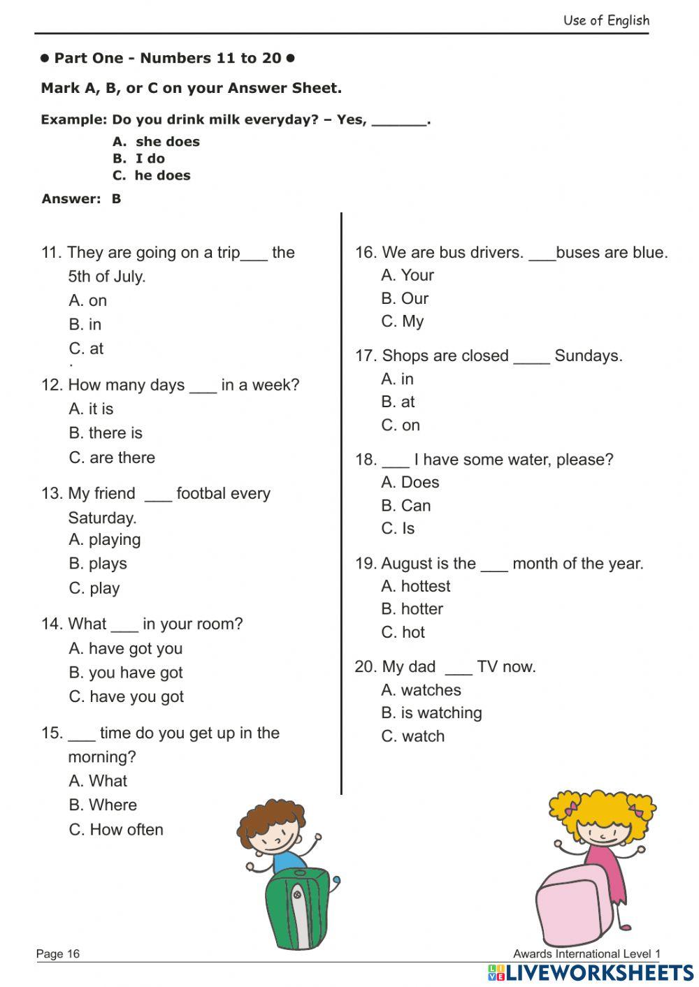 TEST 3 AWARDS INTERNATIONAL LEVEL 1 worksheet | Live Worksheets