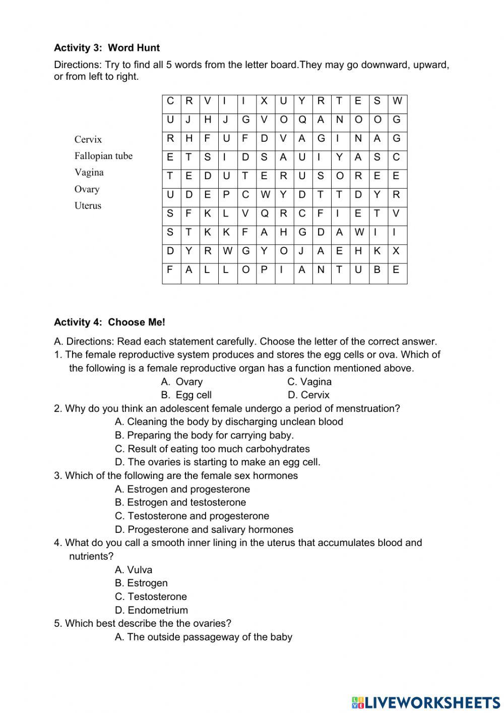 SCIENCE 5-FEMALE REPRODUCTIVE SYSTEM online exercise for | Live Worksheets