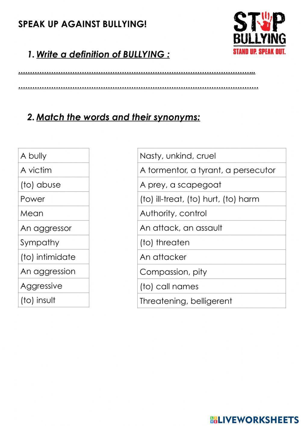 Bullying online pdf activity for YEAR 10 | Live Worksheets