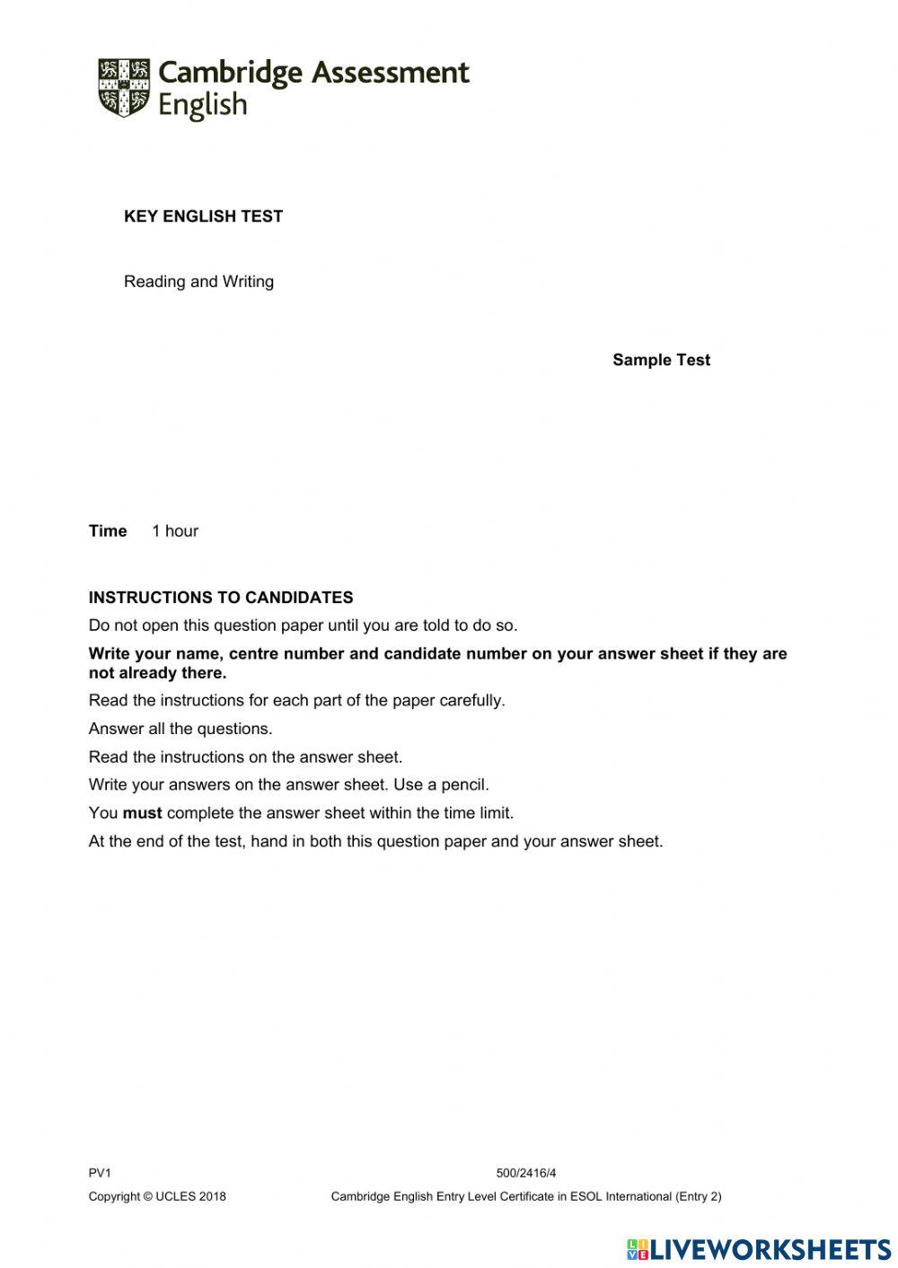 KET READING | Free Interactive Worksheets | 3498649