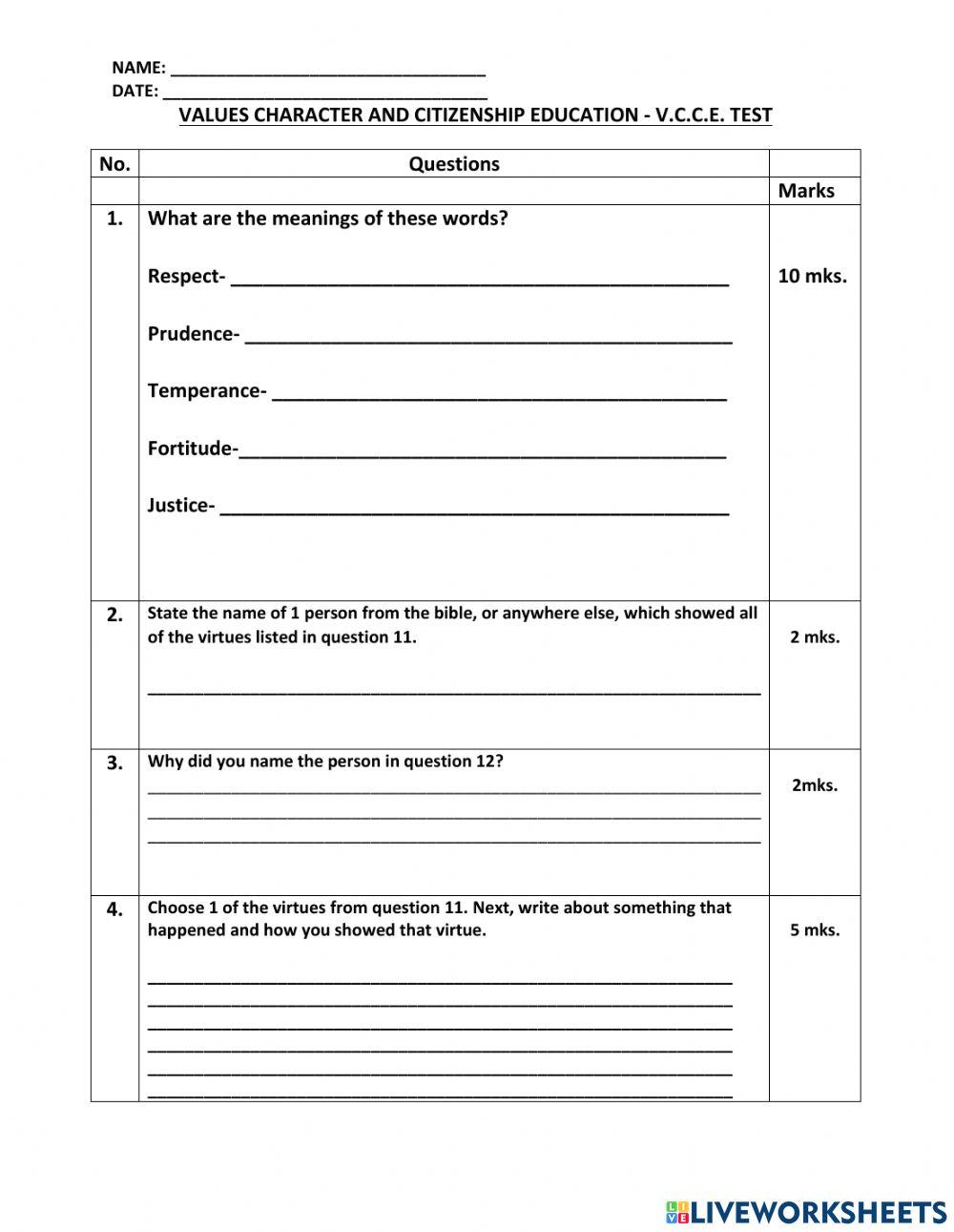 Standard 1 VCCE | Free Interactive Worksheets | 6789922