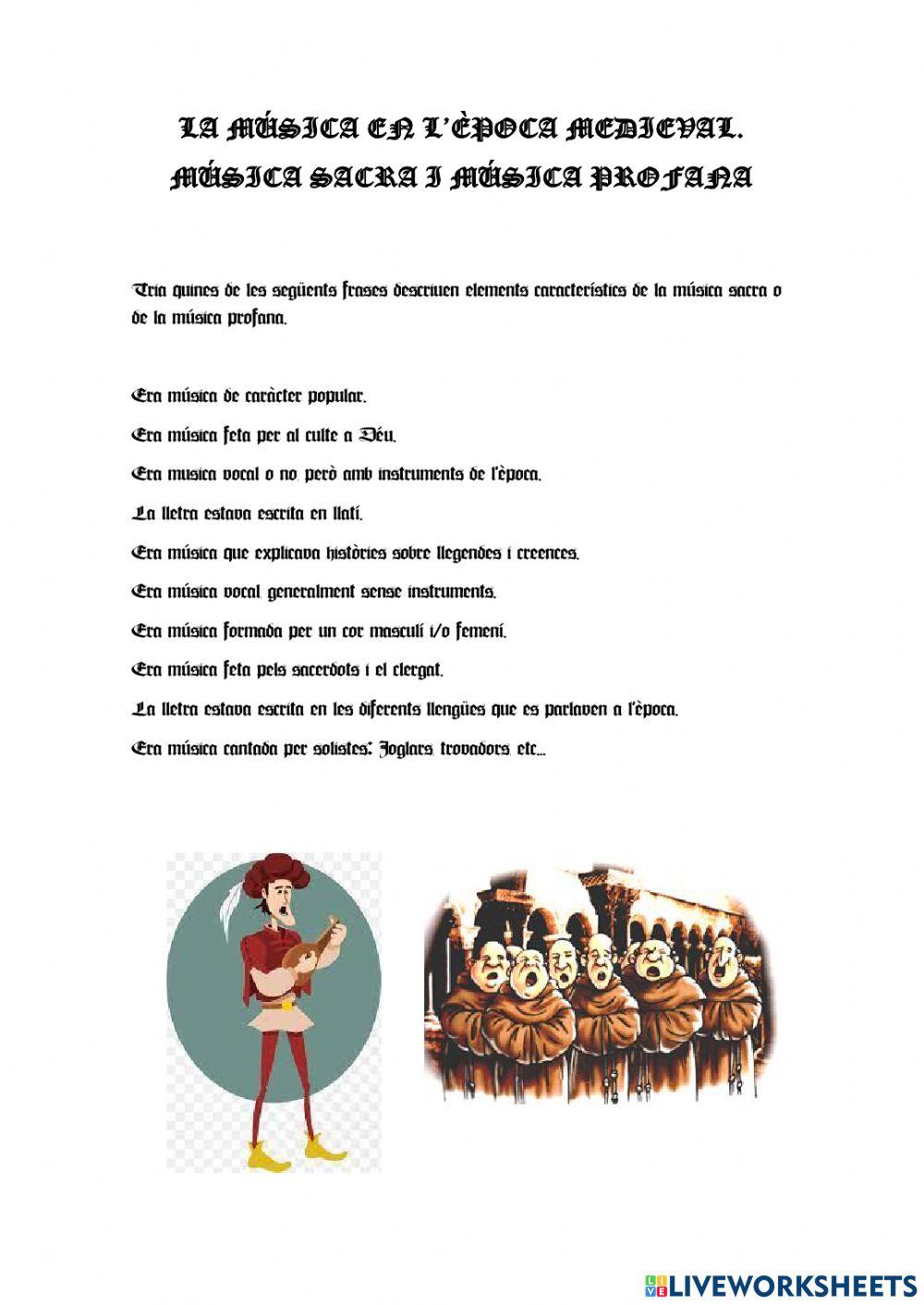 LA MÚSICA EN L'ÈPOCA MEDIEVAL worksheet | Live Worksheets