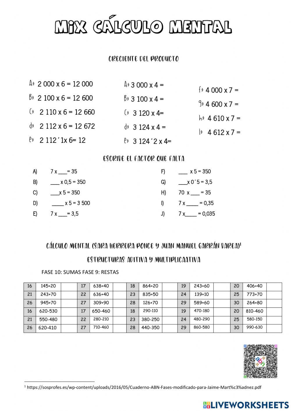 Cálculo mental | Free Interactive Worksheets | 1697204