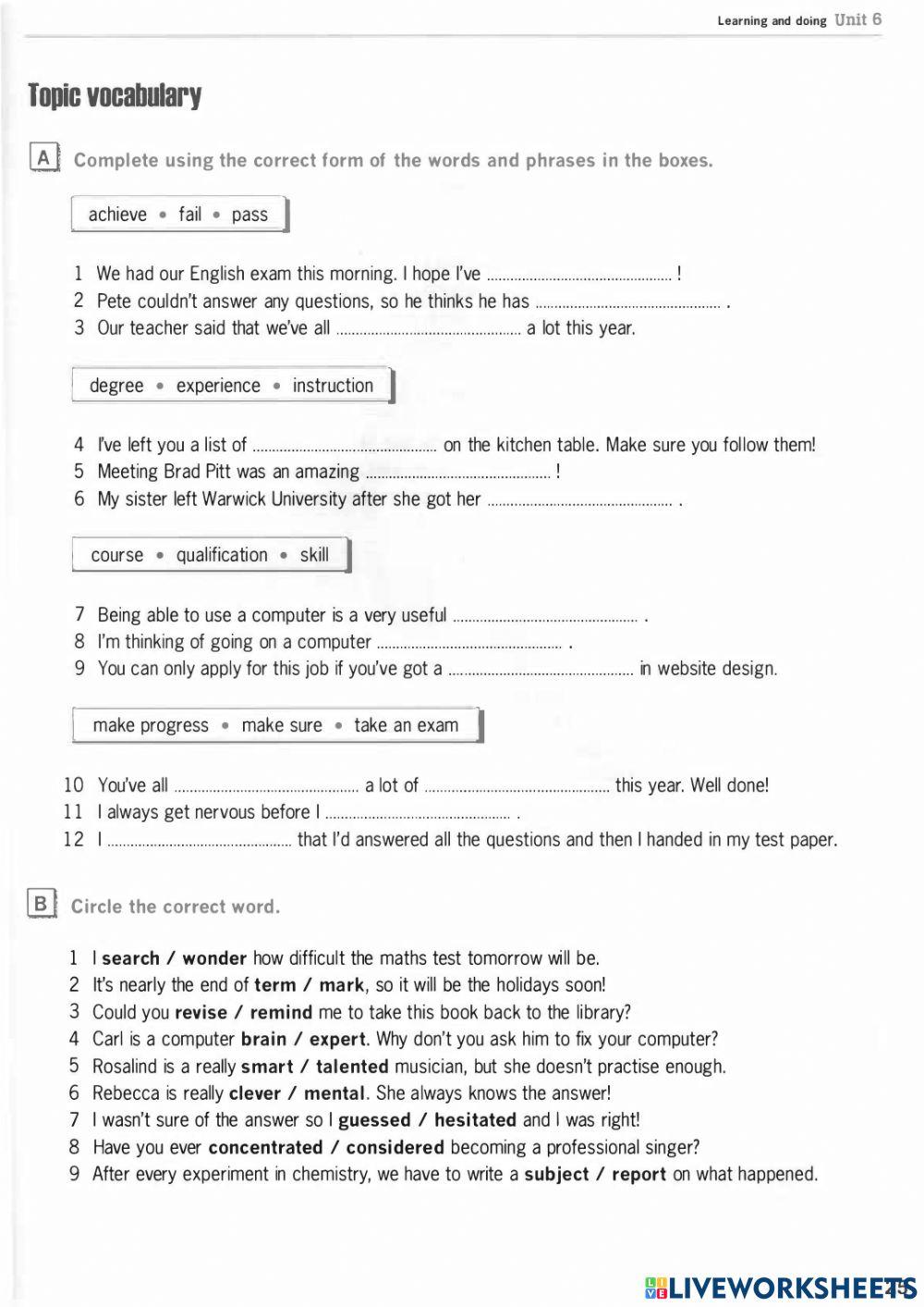 Vocab B1 Learning and Doing online exercise for | Live Worksheets