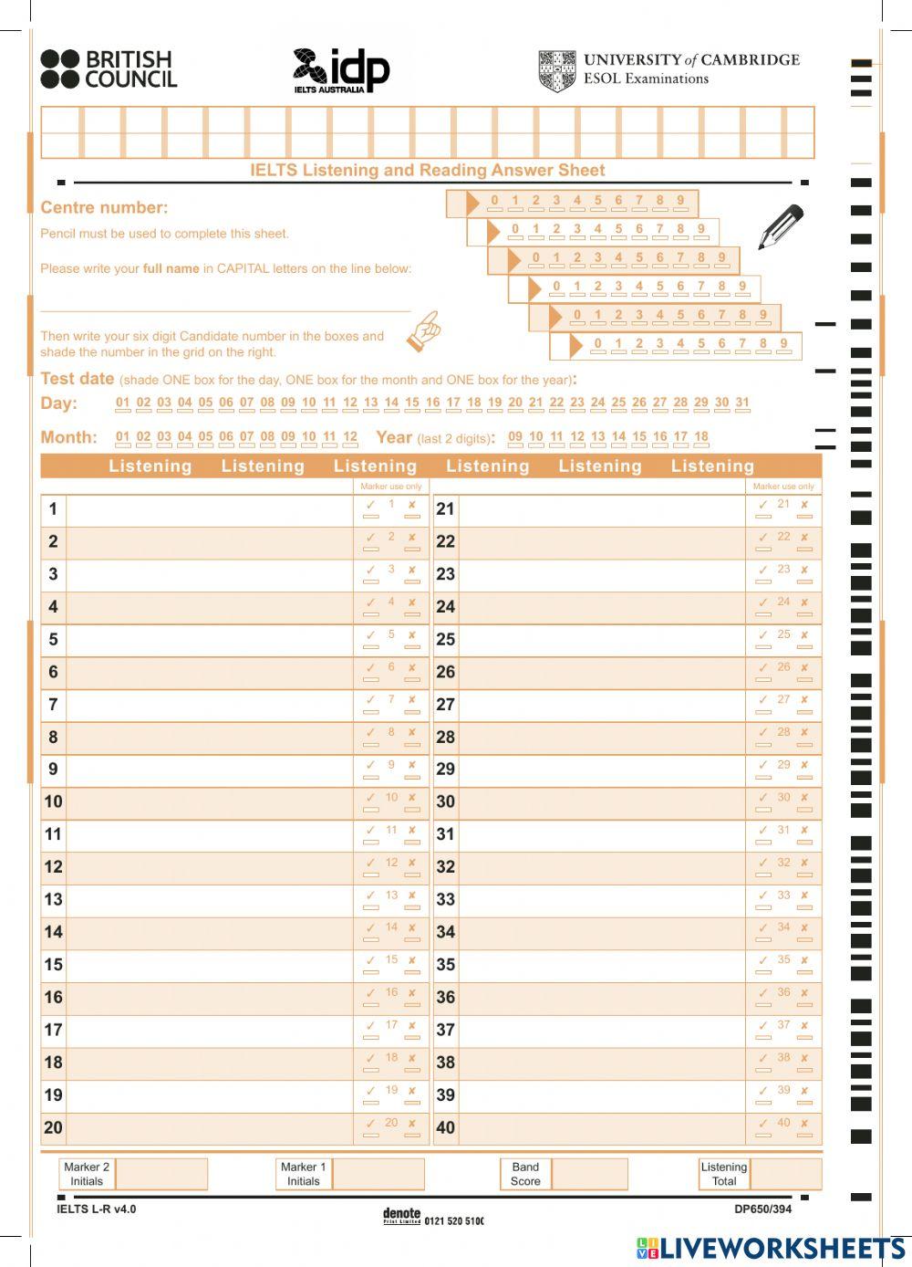 answer sheet template 1 25