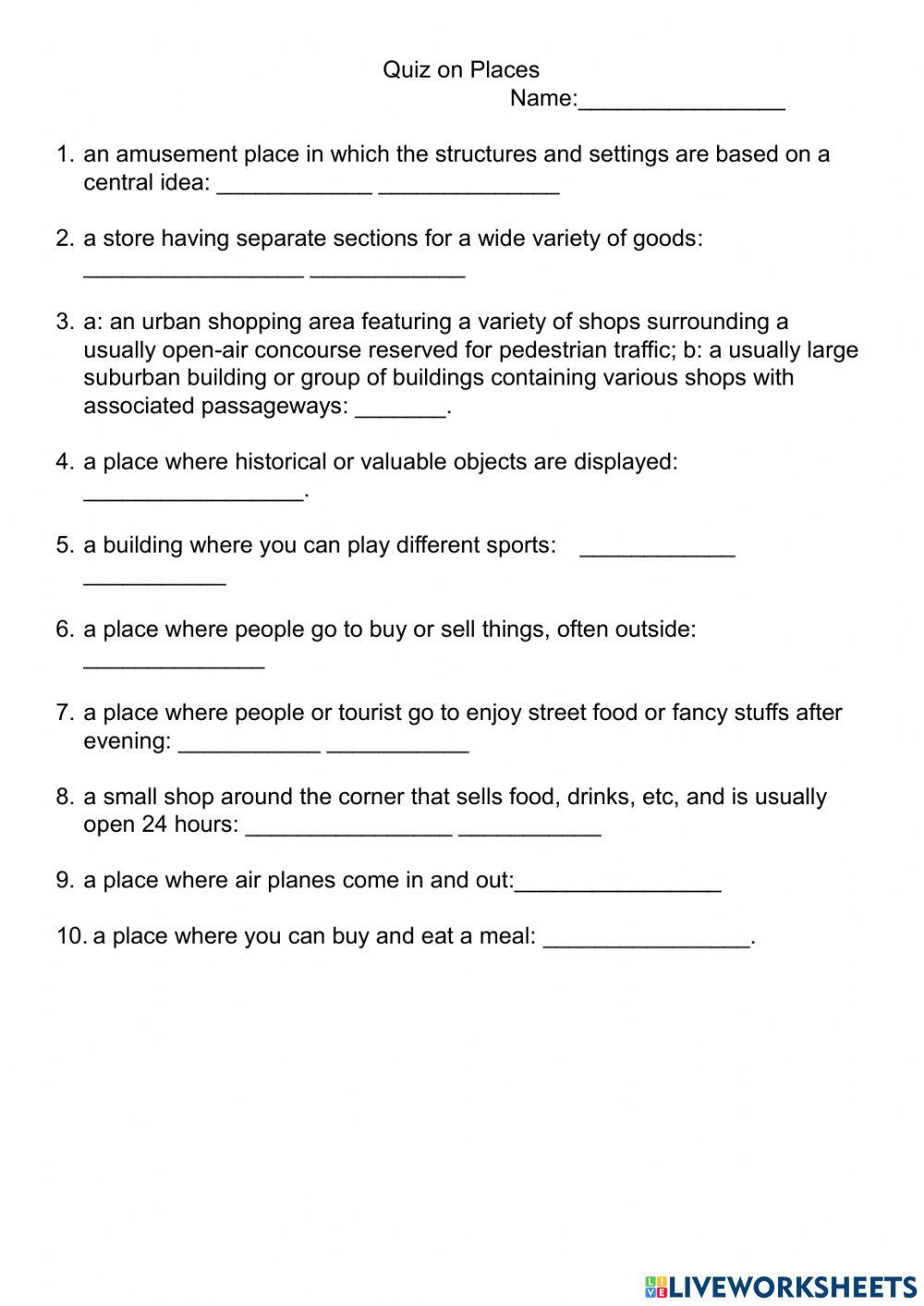 Quiz on places worksheet | Live Worksheets