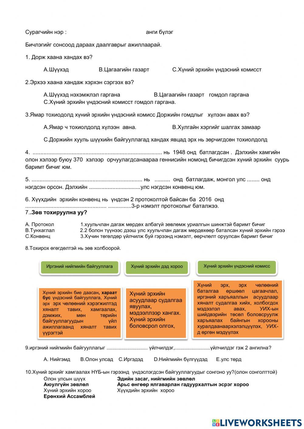 хүний эрхийг хамгаалах тогтолцоо батагал Online Exercise For Live