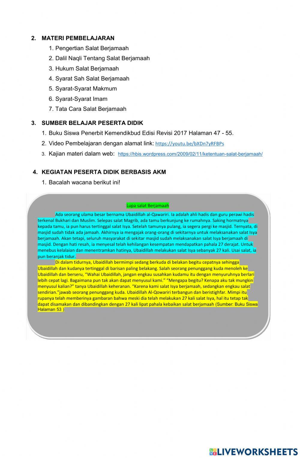 Shalat Berjamaah online activity | Live Worksheets