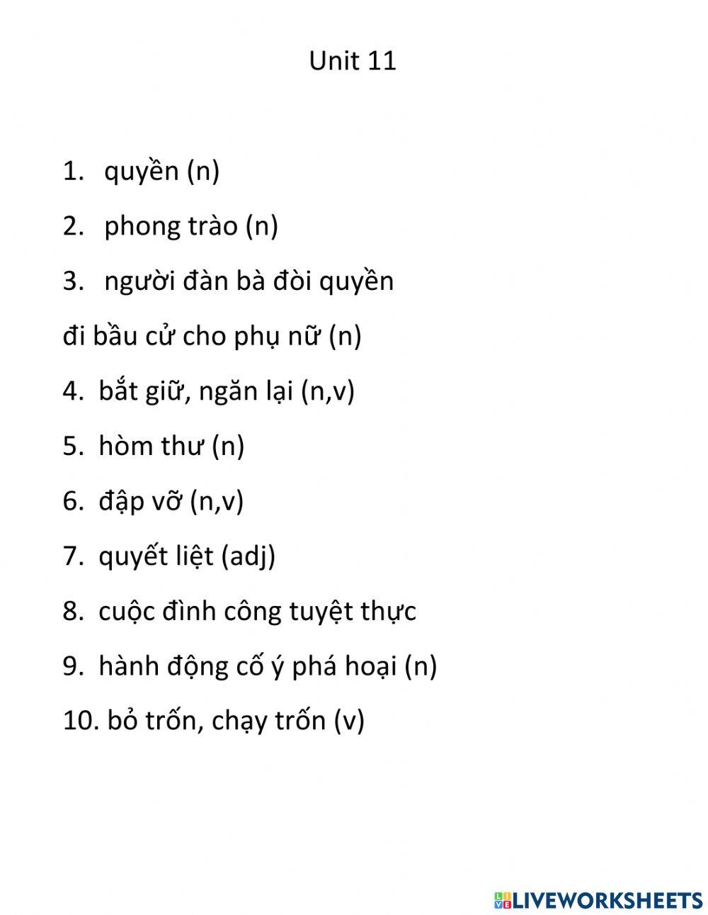 Unit 11 vocaabulary worksheet | Live Worksheets