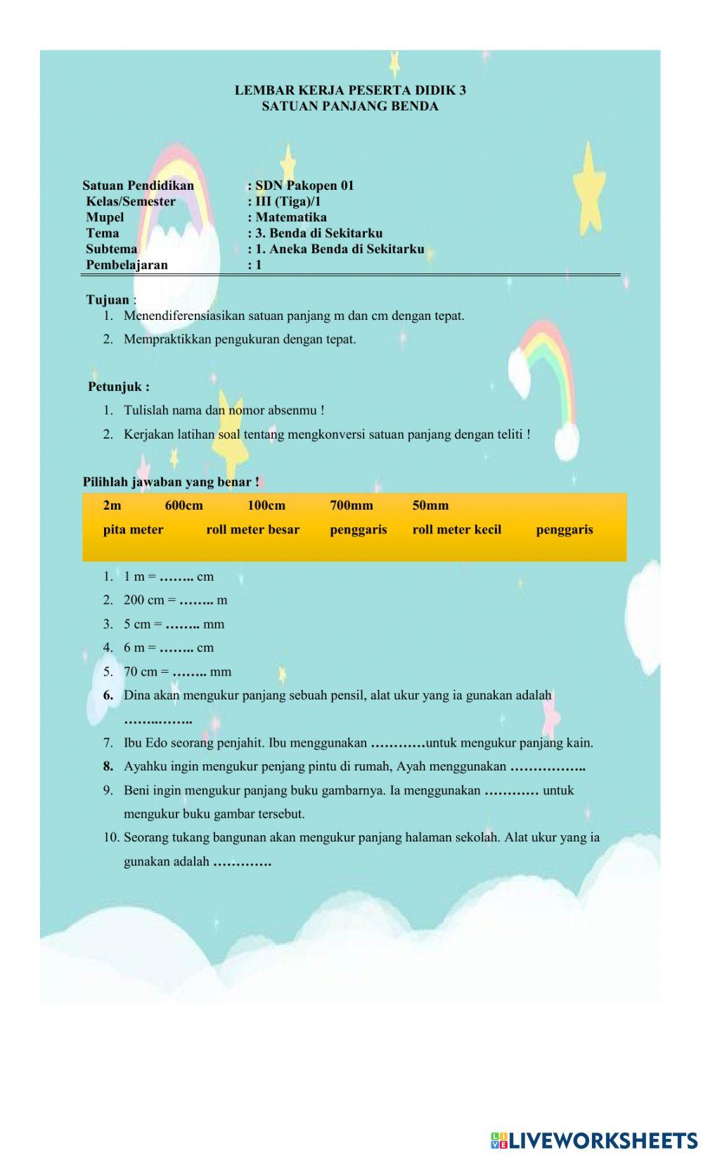 Lkpd 1 satuan panjang interactive worksheet | Live Worksheets