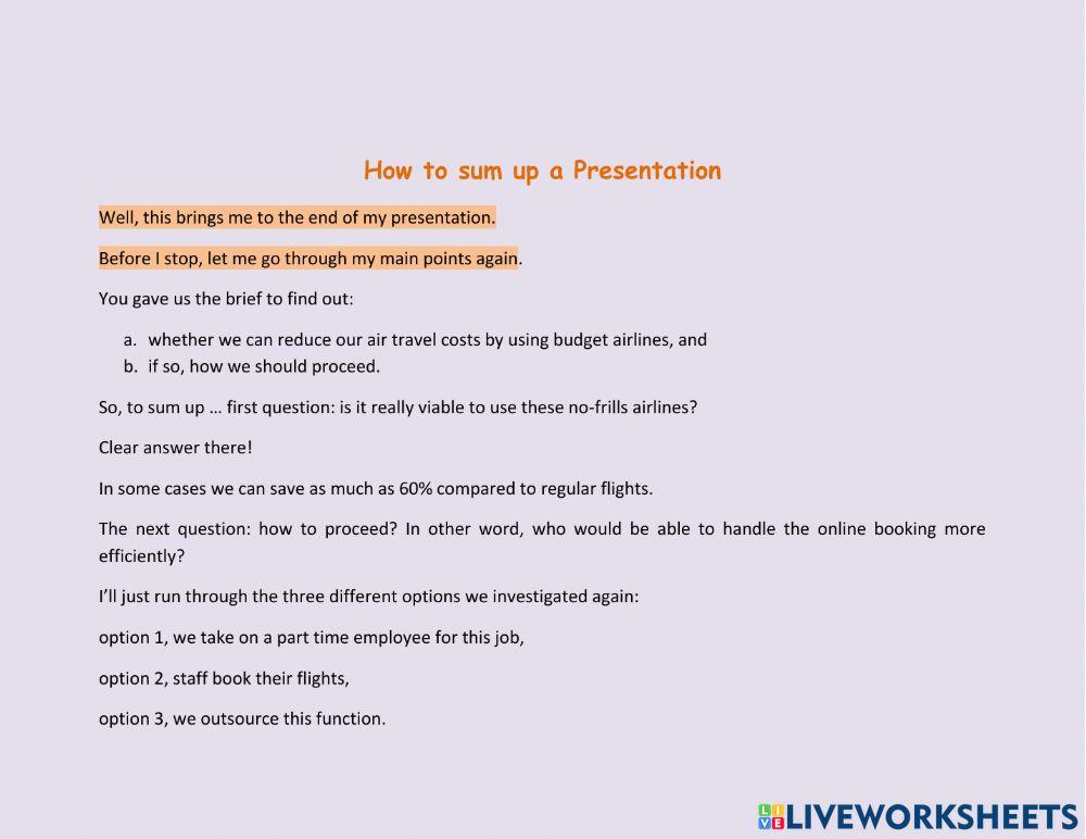 Summing up a presentation worksheet | Live Worksheets
