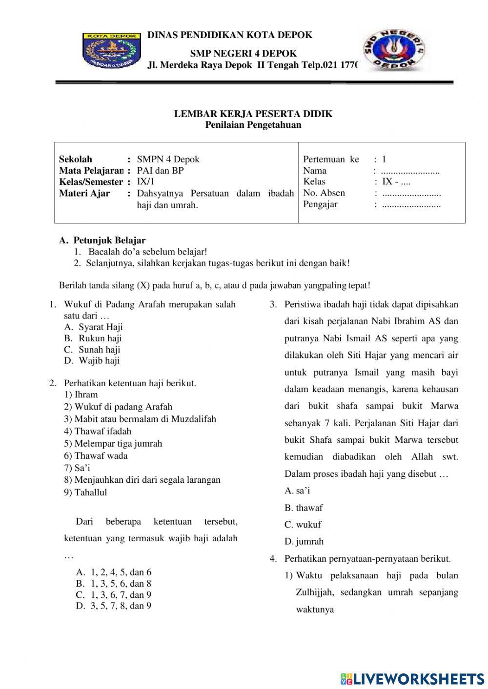 Smp 4 depok worksheet | Live Worksheets
