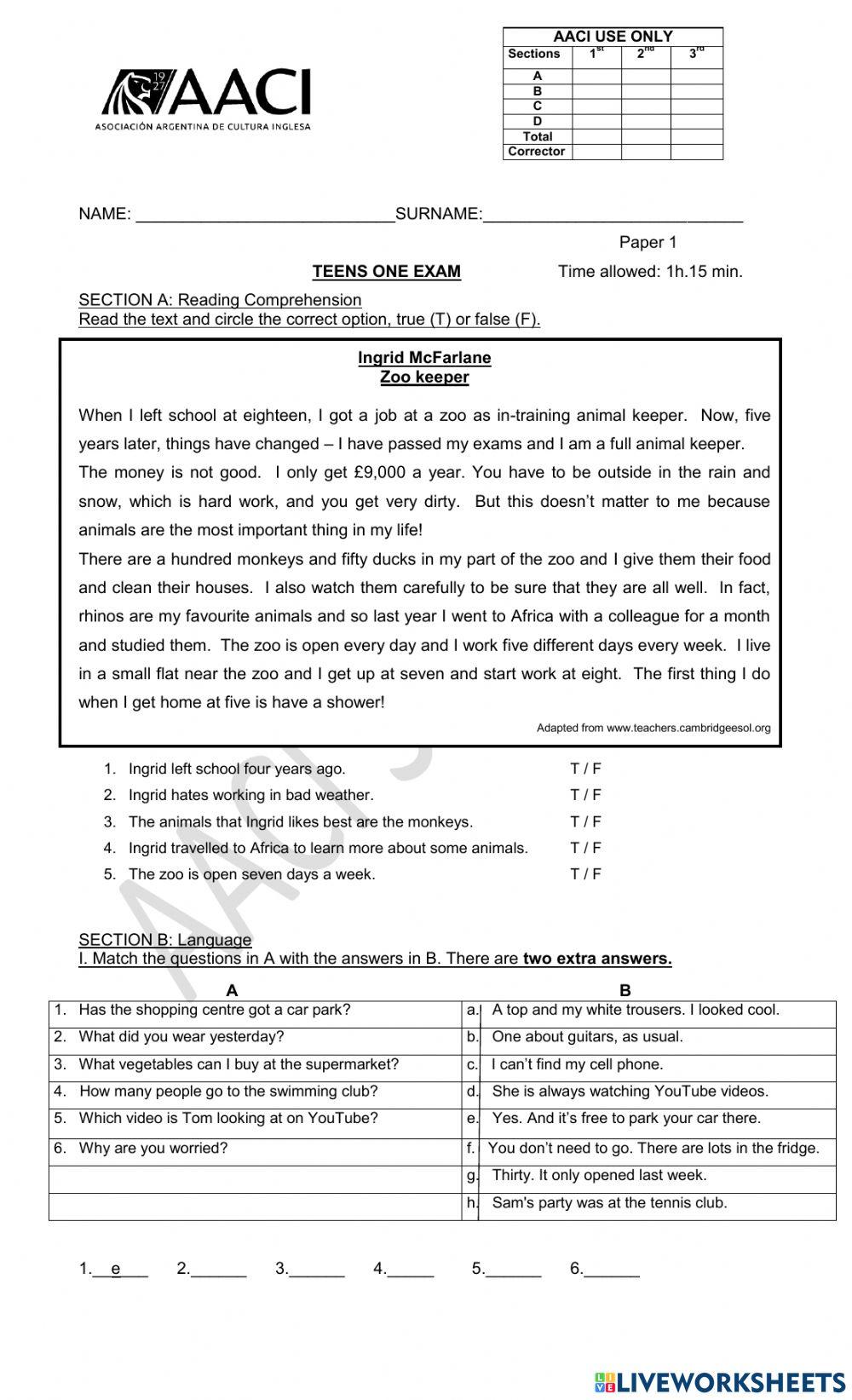 TEENS 1. AACI MOCK EXAM (3) 6764915 | Ceci9212 | Live