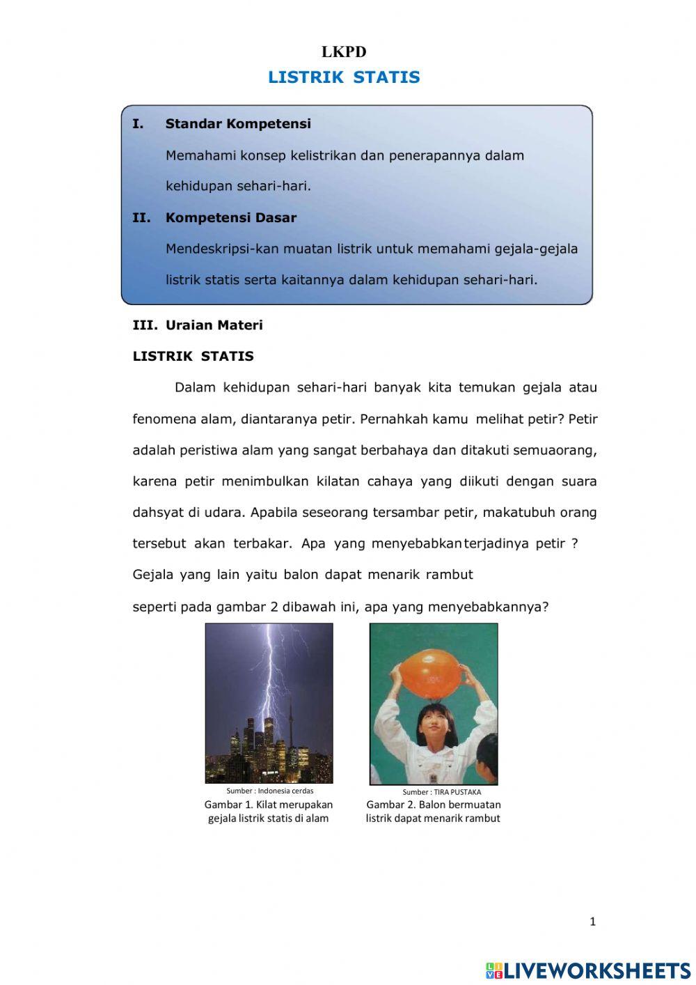 Listrik statis online pdf activity for 9 | Live Worksheets