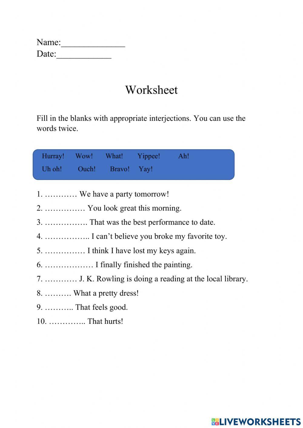 interjections worksheet