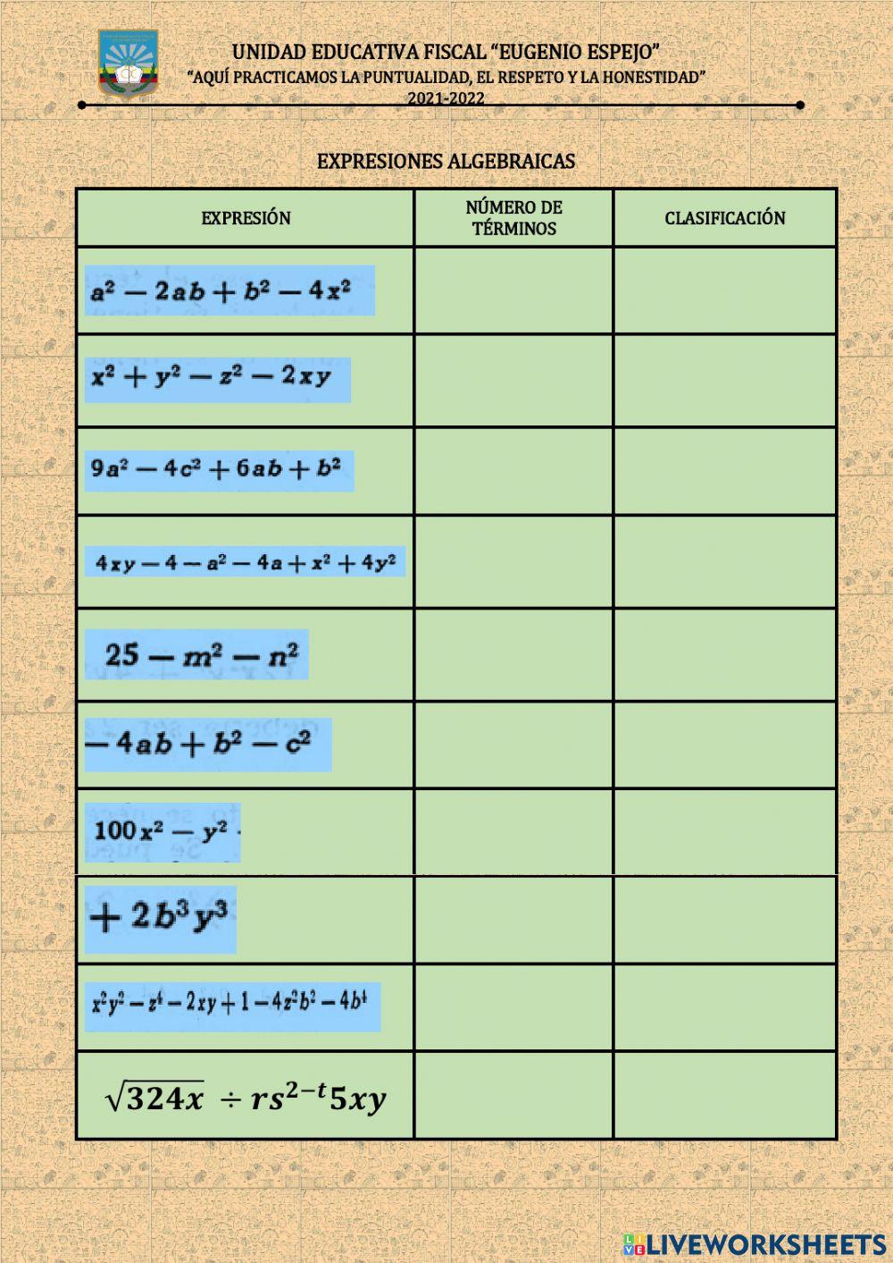 Expresiones alg… | Free Interactive Worksheets | 1605675