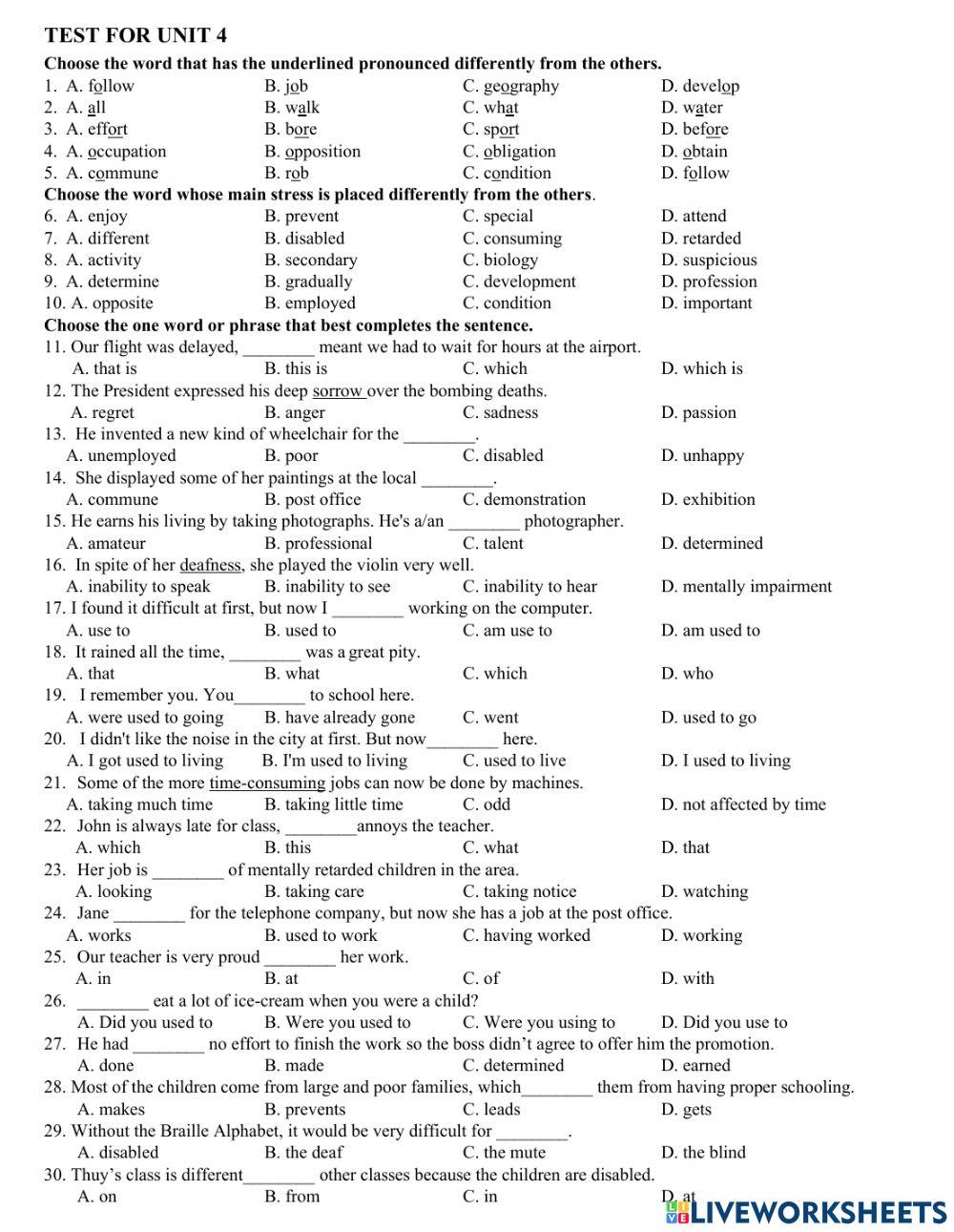 TEST FOR UNIT 4 online exercise for | Live Worksheets