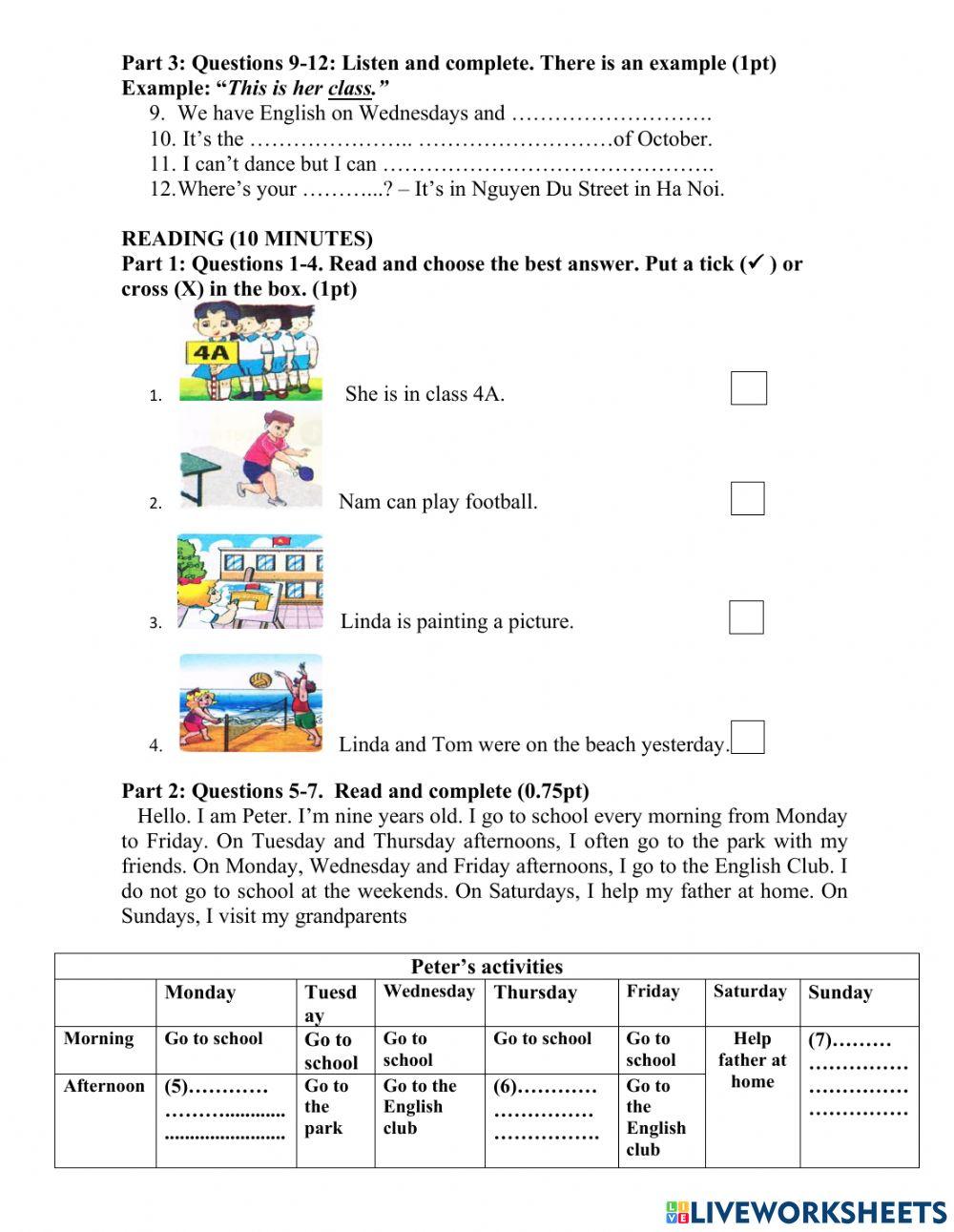 Grade 4 - đề thi hk 1 worksheet | Live Worksheets