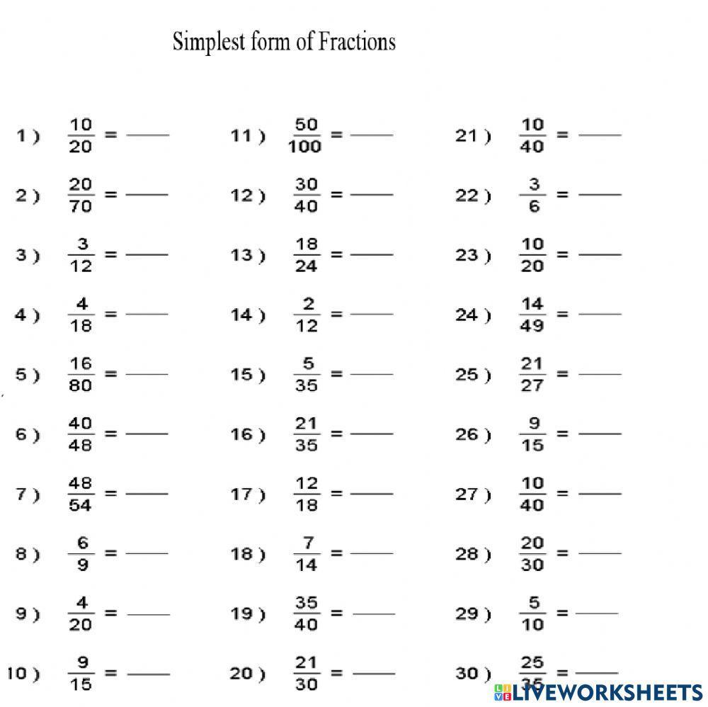 Simplest Form Of Fractions Interactive Worksheet Live 40 OFF Simplest Form Of Fractions Interactive Worksheet Live 40 OFF