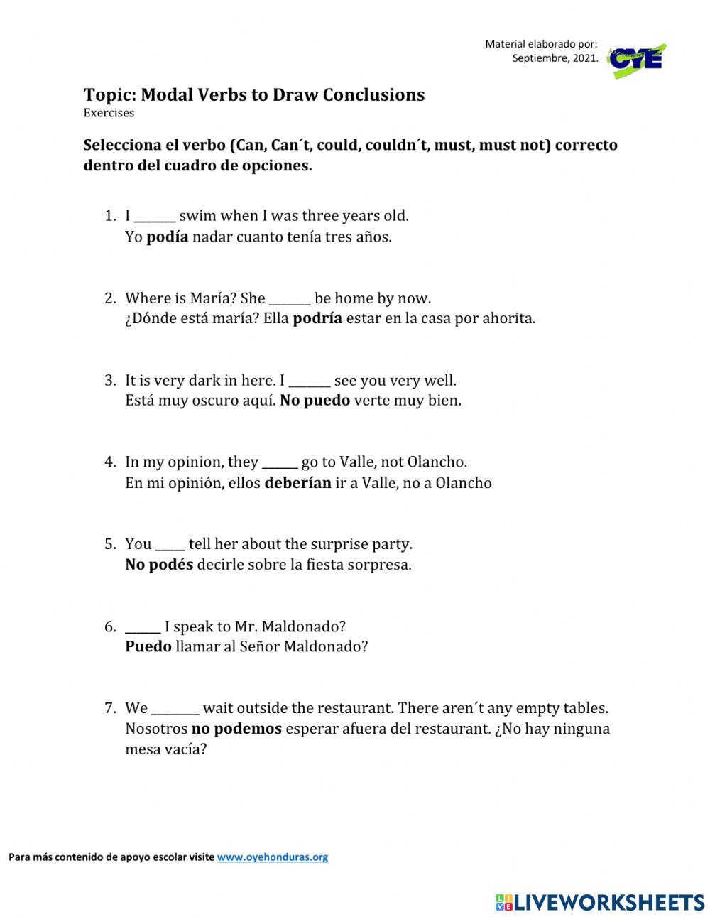 Modal Verbs to Draw Conclusions Ejercicios OYE 1606697