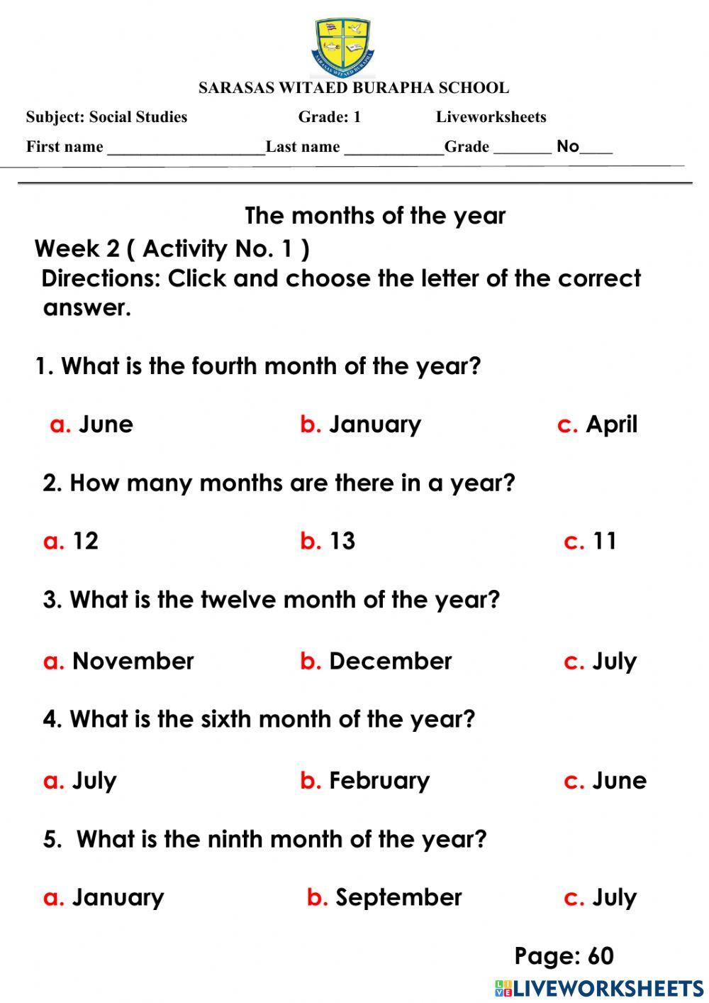 The months of the year interactive worksheet for 1 | Live Worksheets