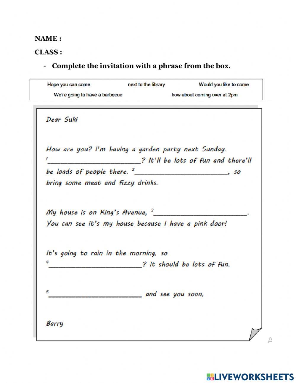 Invitation Card | Free Interactive Worksheets | 1607401