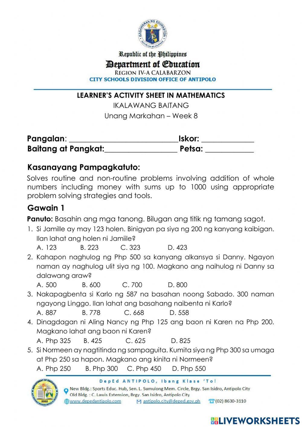 Q1,Math-Gr2-LAS-Week 8 worksheet | Live Worksheets