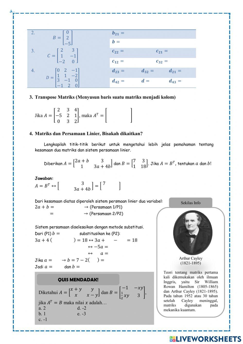 Matriks 1 interactive worksheet | Live Worksheets